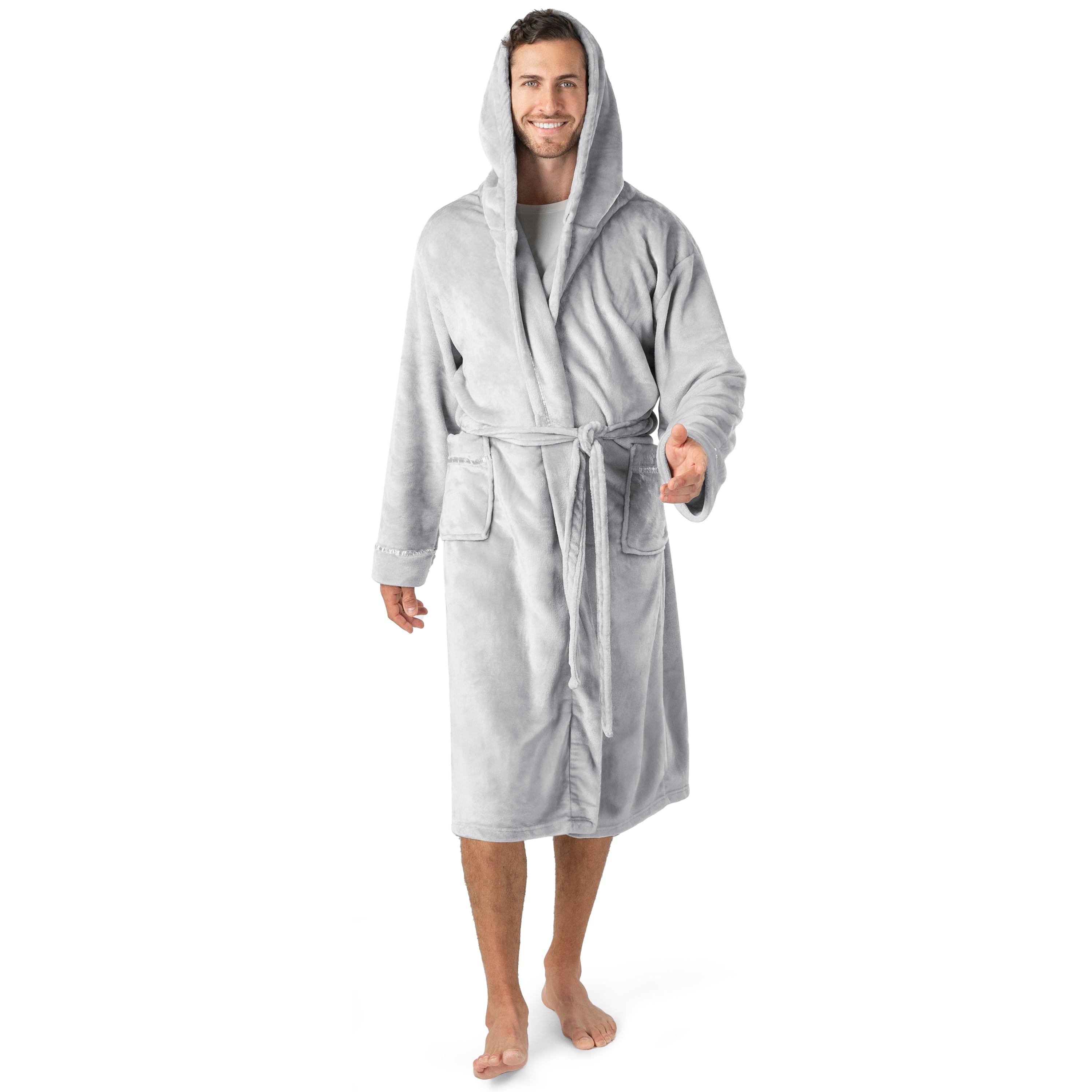 PAVILIA Mens Robe, Hooded Bathrobe for Men, Fleece Grey Robe for Men ...