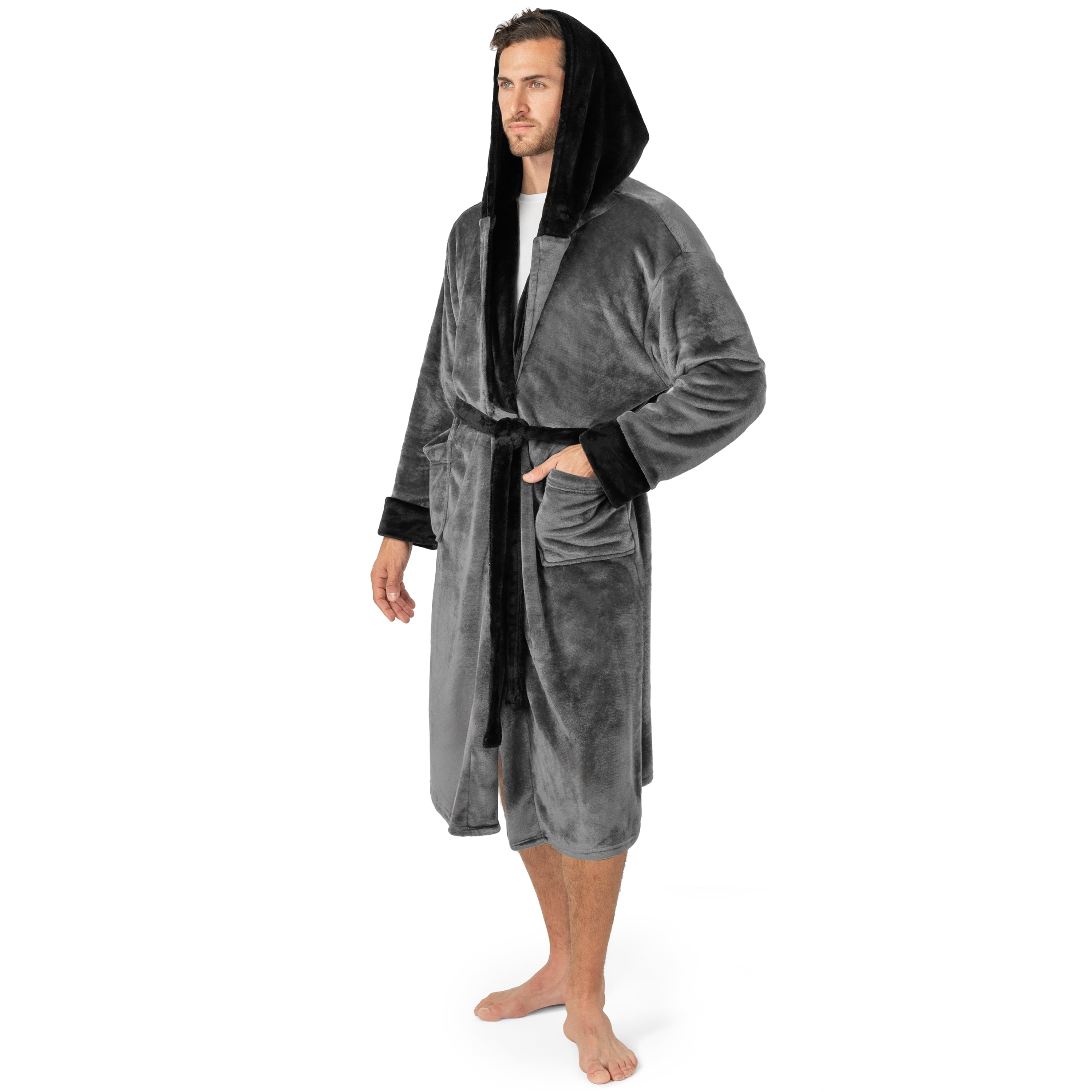 PAVILIA Men's Hooded Fleece Robe, Two-Tone Gray-Black, with Shawl ...