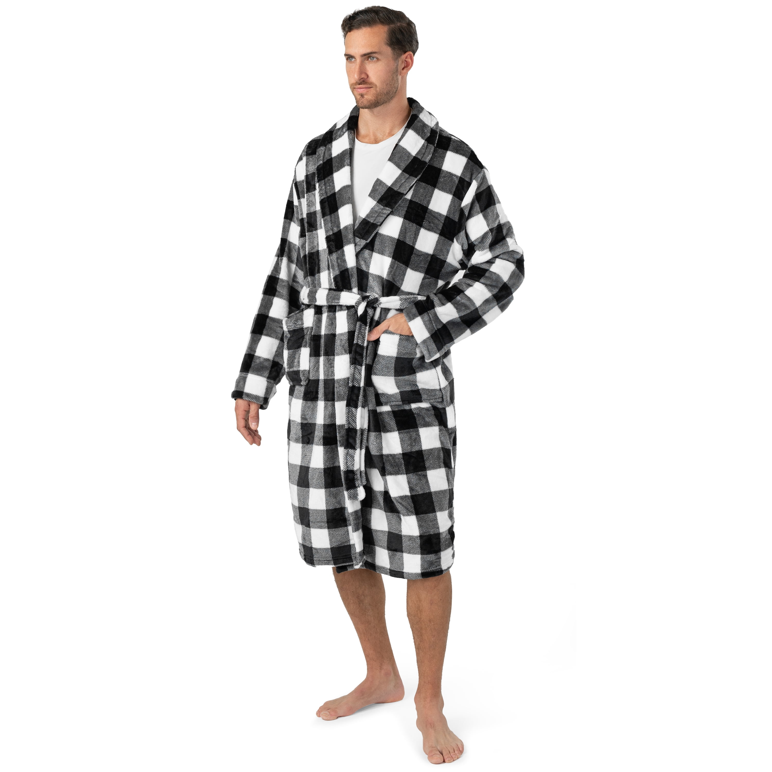 PAVILIA Men's Plaid Fleece Robe, Lightweight, Shawl Collar, Pockets ...