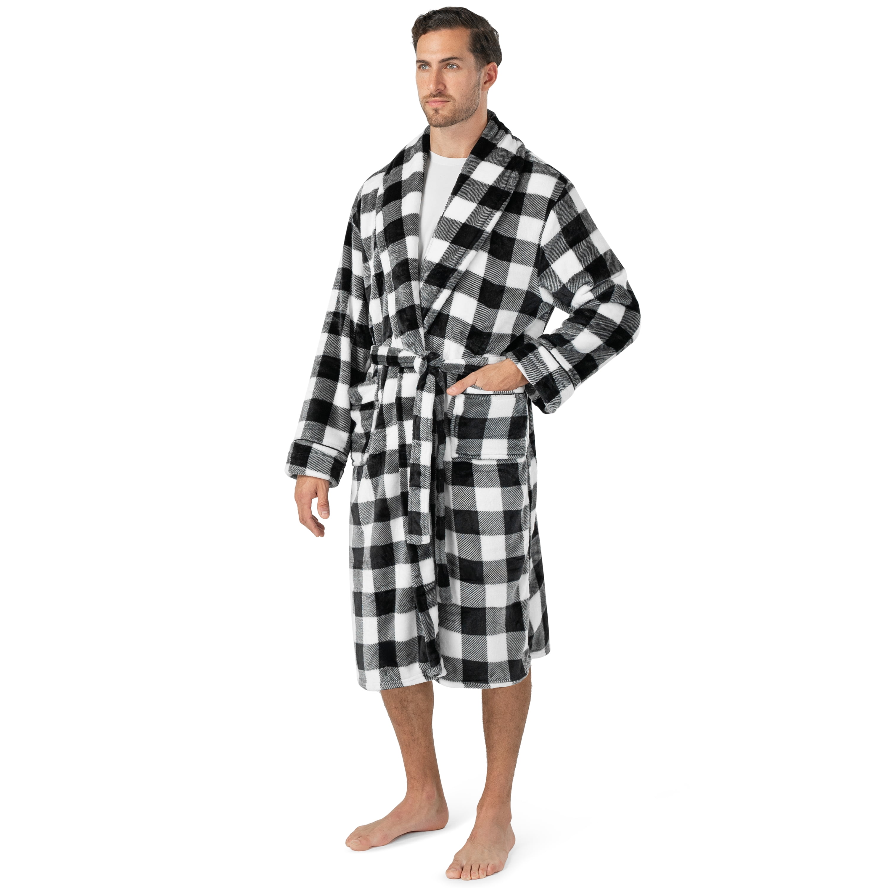 PAVILIA Mens Soft Robe, Plaid White with Piping, Shawl Collar, Pockets ...