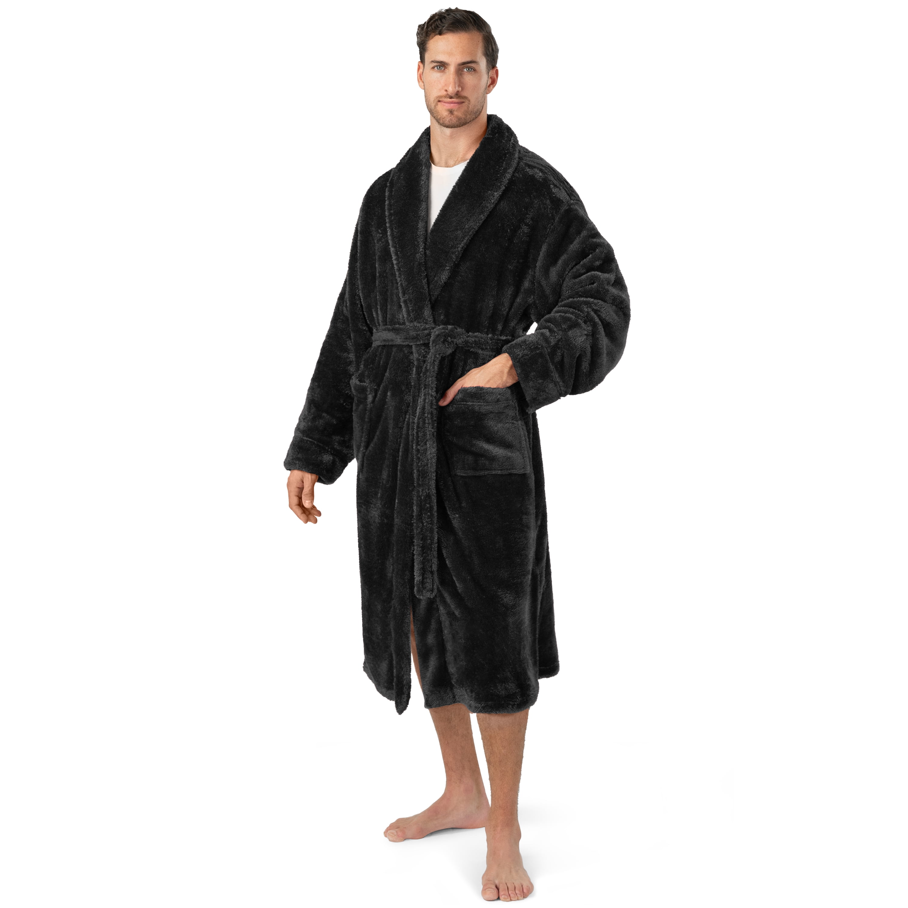 Pavilia Mens Soft Plush Fleece Bathrobe, Black Long Sherpa Robe with ...