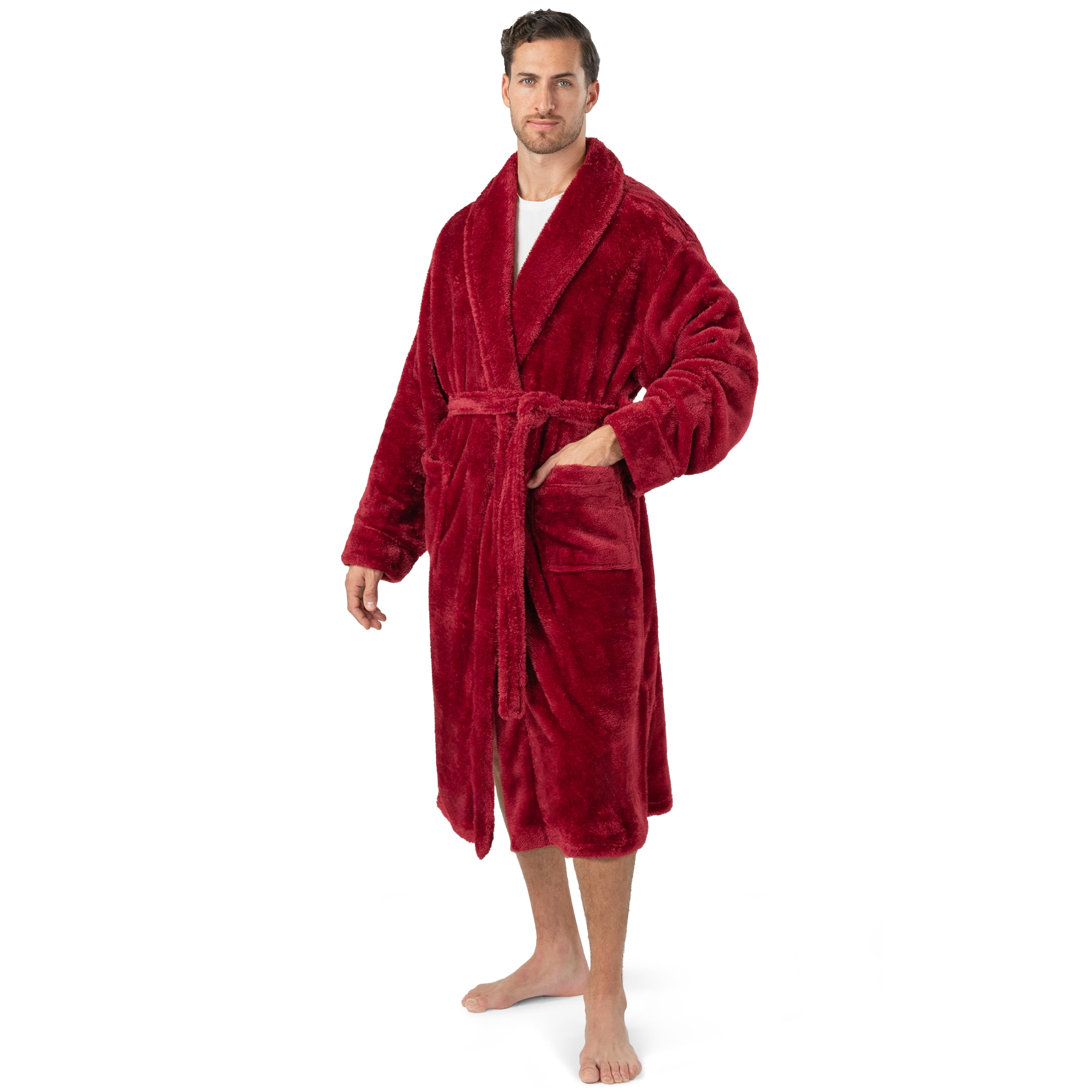 Pavilia Mens Sherpa Fleece Robe Soft Full Length Housecoat With Pockets Wine Red Sm