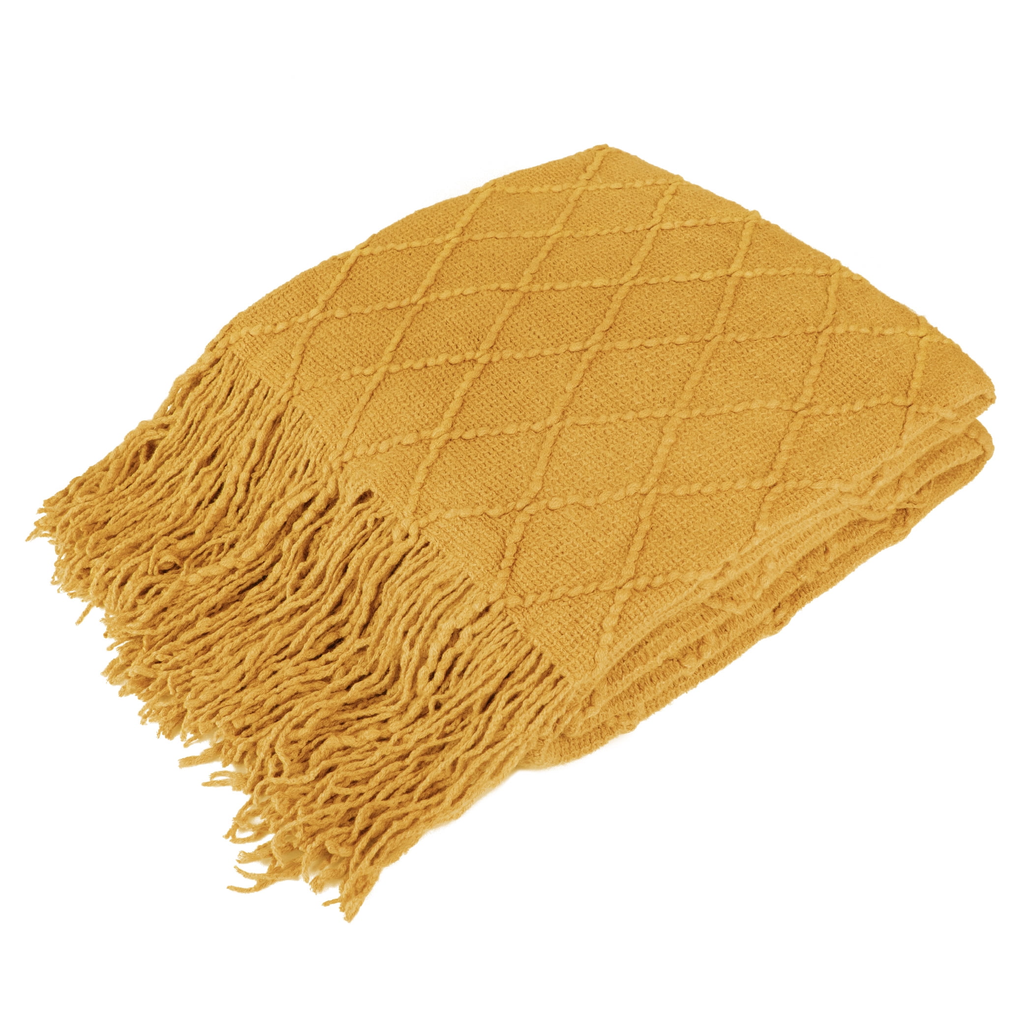 PAVILIA Mustard Yellow Throw Blanket, Geometric Fringe Soft Knitted for ...