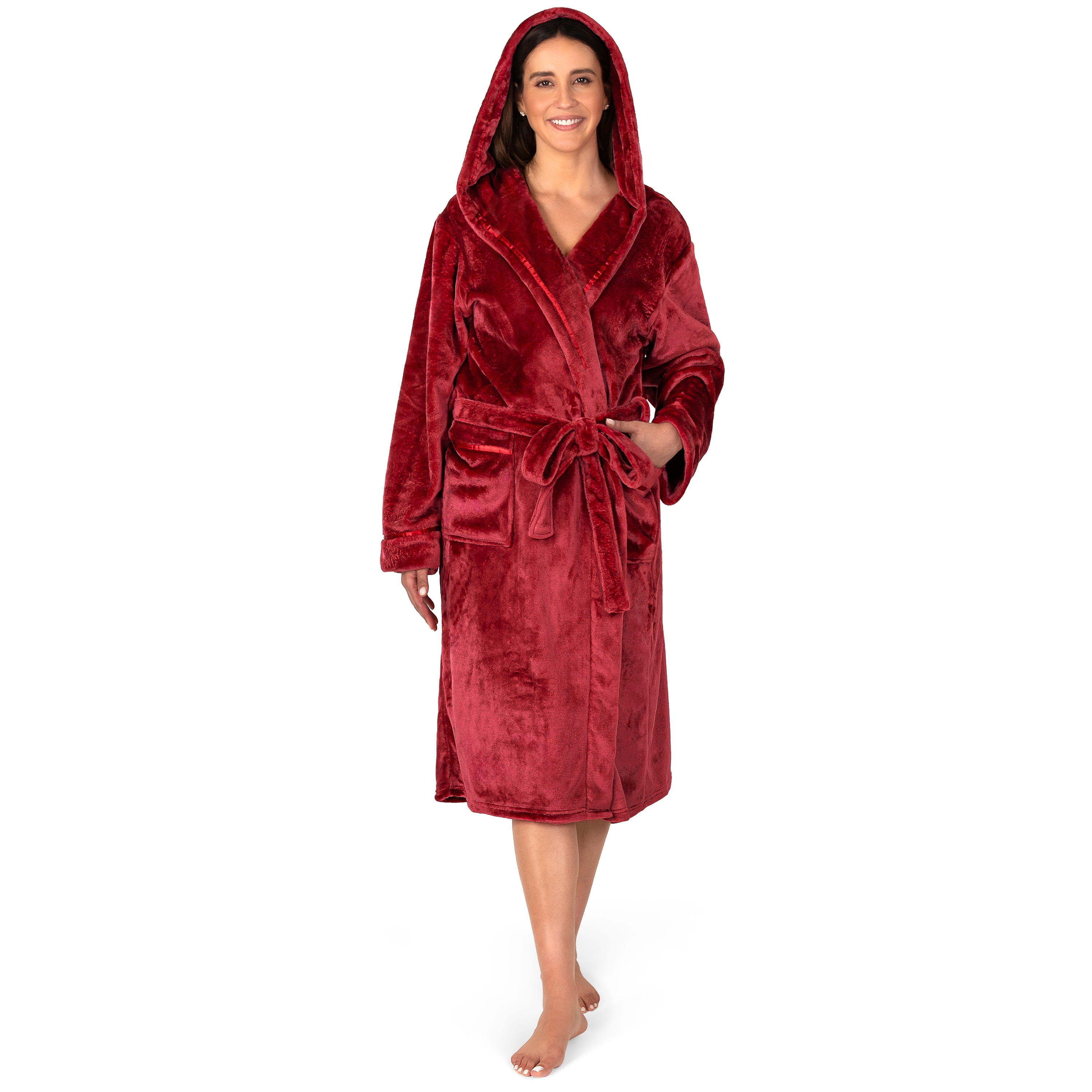 PAVILIA Plush Hooded Robe For Women | Wine Maroon Fluffy Soft Bathrobe ...