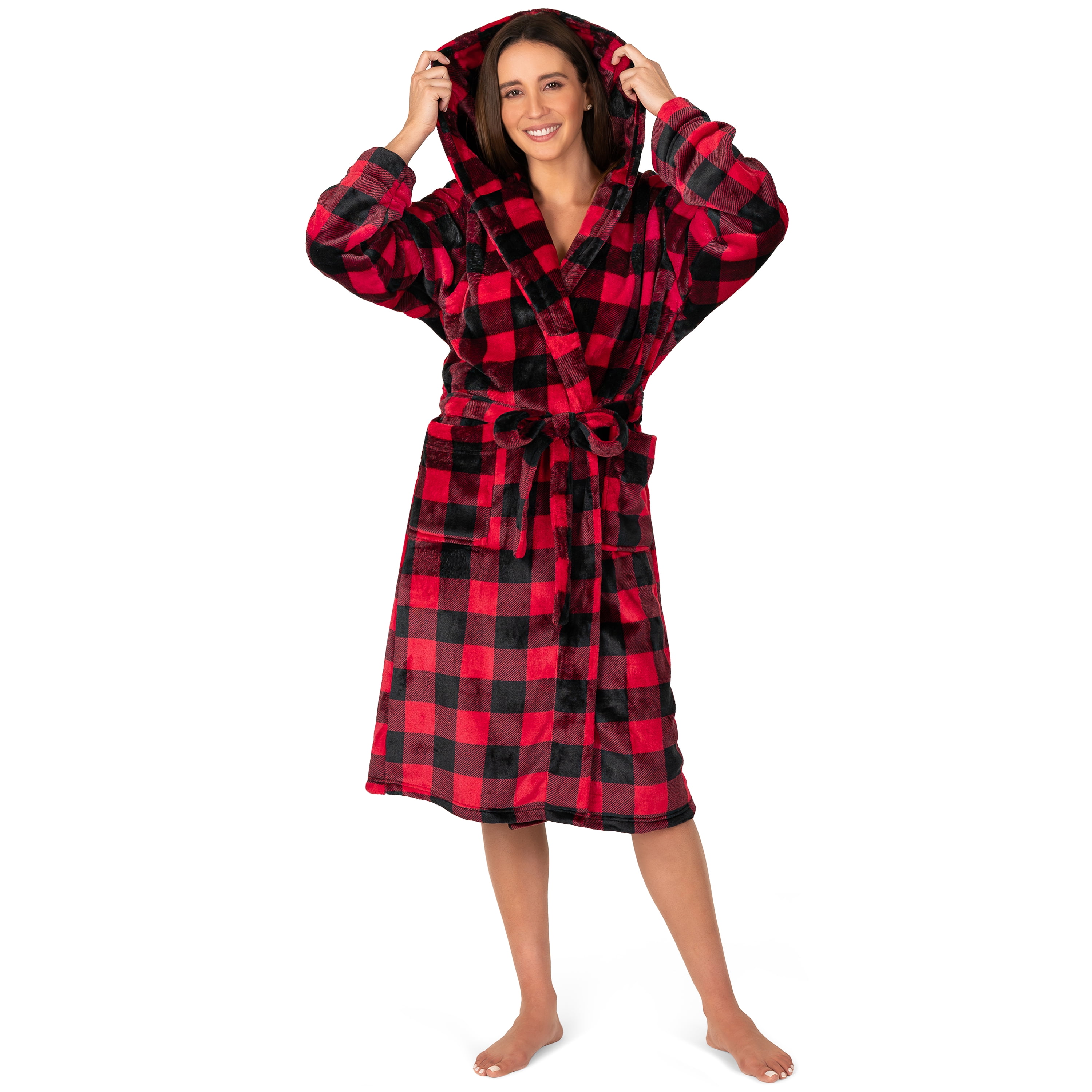 PAVILIA Plush Hooded Robe For Women | Buffalo Plaid Red Black Fluffy ...