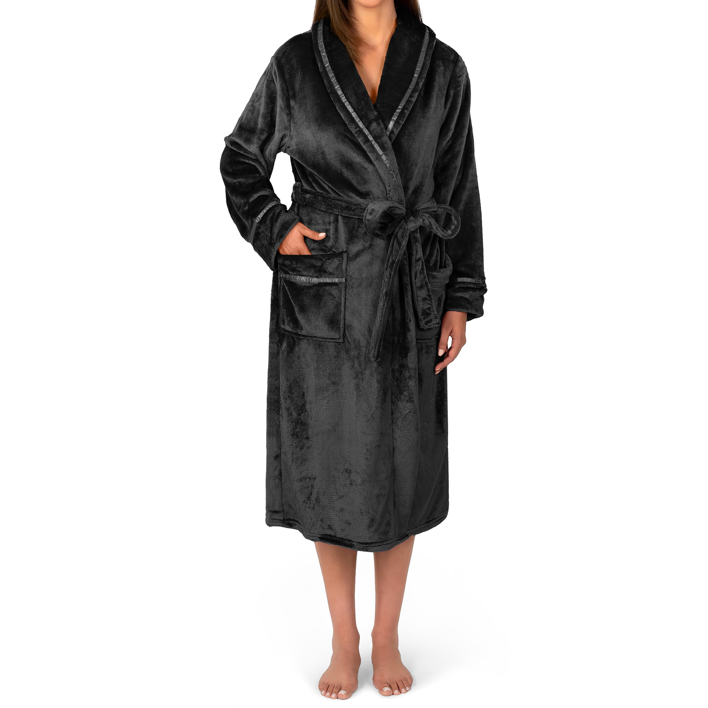 PAVILIA Plush Robe For Women, Black Fluffy Soft Bathrobe, Lightweight ...