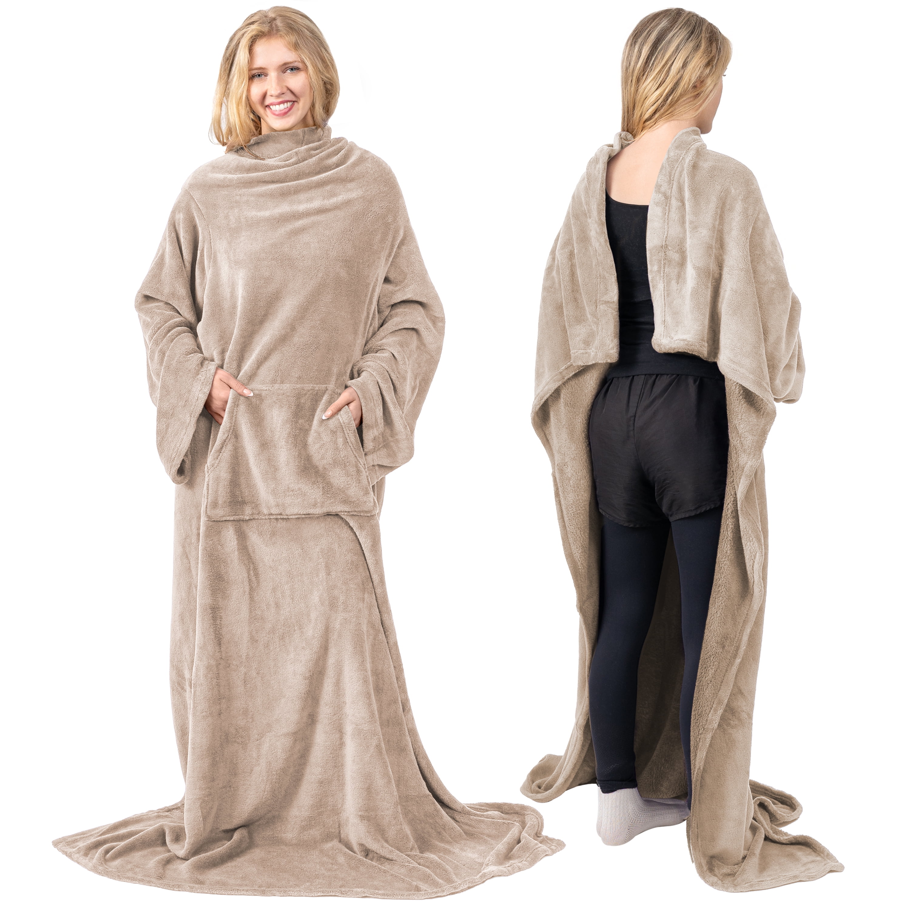 PAVILIA Taupe Tan Fleece Wearable Blanket with Sleeves for Adults Women ...
