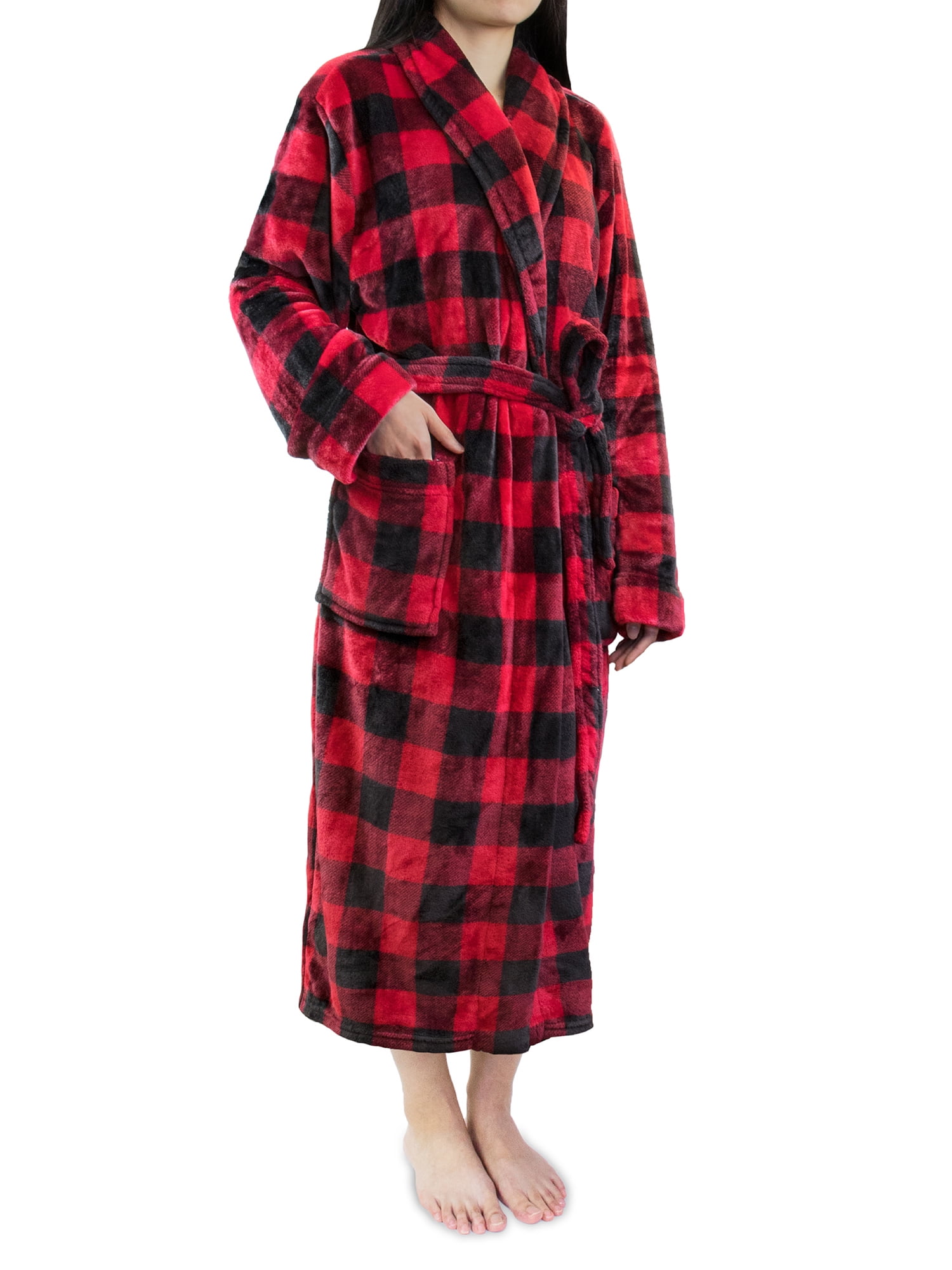 PAVILIA Plush Robe For Women | Buffalo Plaid Red Black Fluffy Soft ...