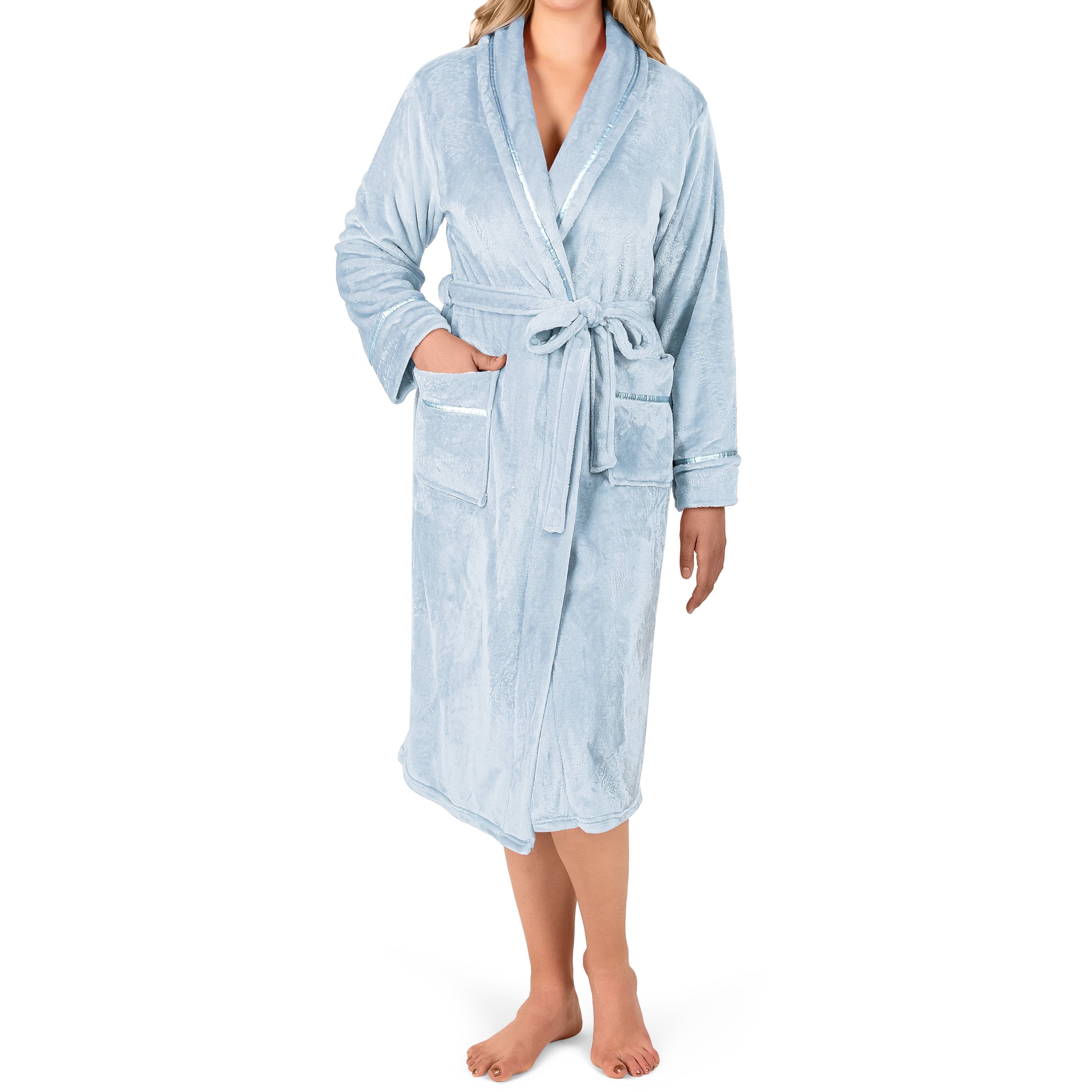 PAVILIA Plush Robe For Women, Light Blue Fluffy Soft Bathrobe ...