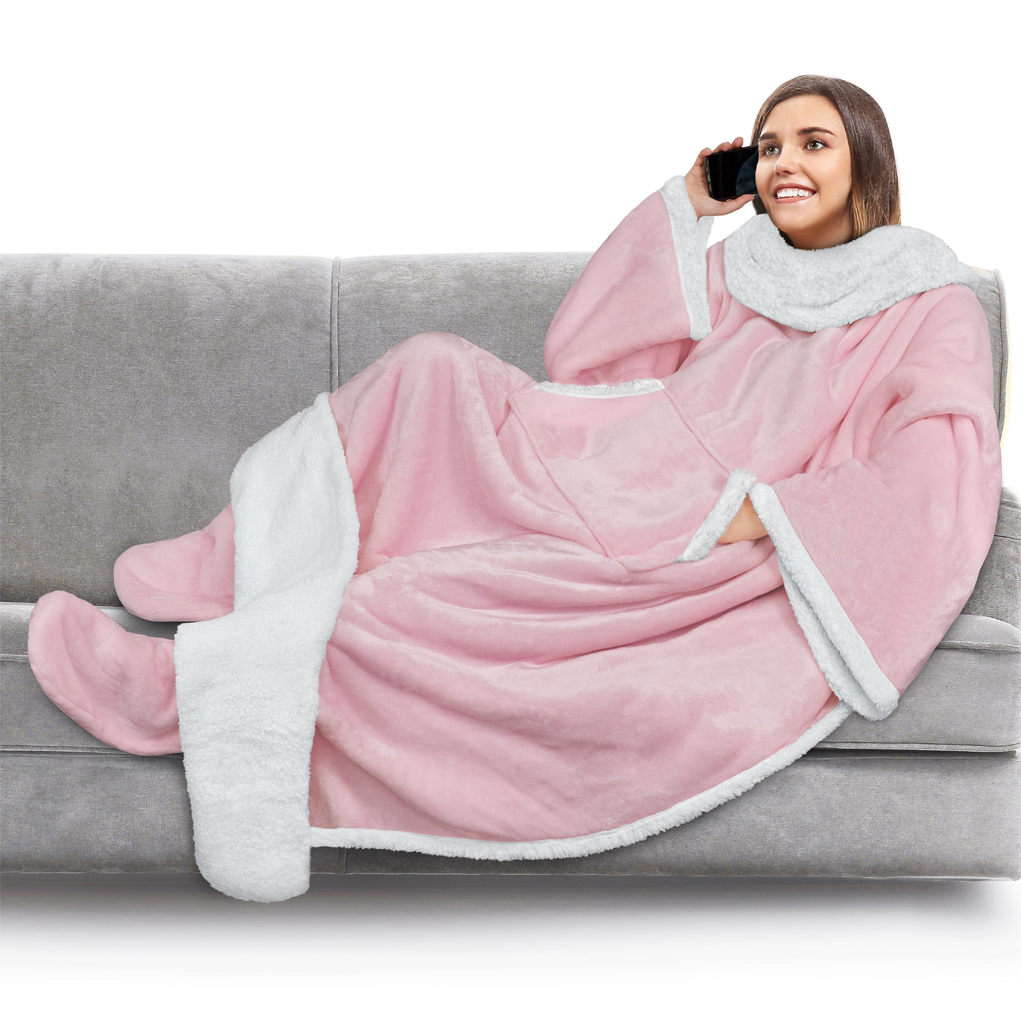 PAVILIA Sherpa Blanket with Sleeves, Foot Pocket for Women Men Adults ...