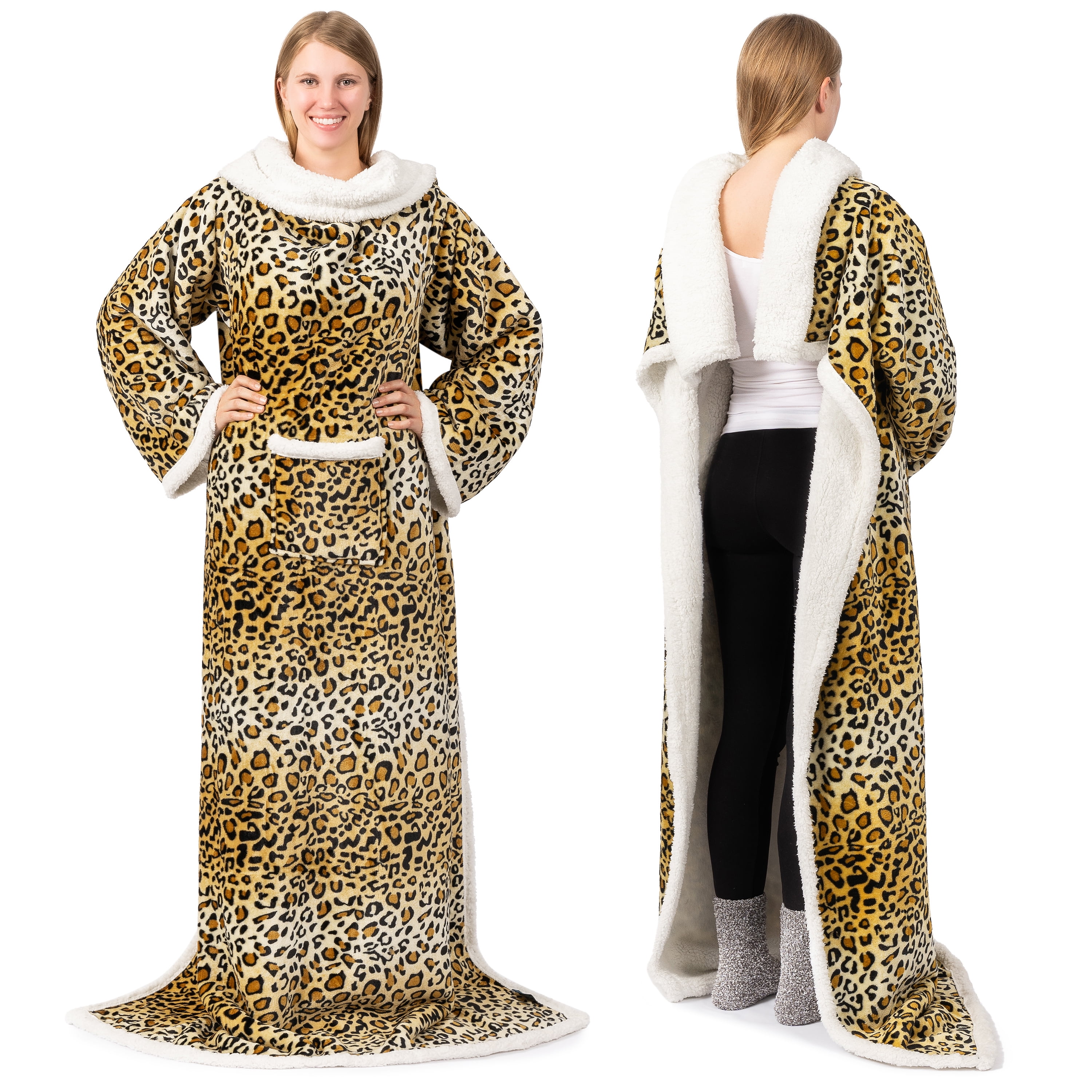 PAVILIA Adult Sherpa Fleece Wearable Blanket with Sleeves, Snuggle ...
