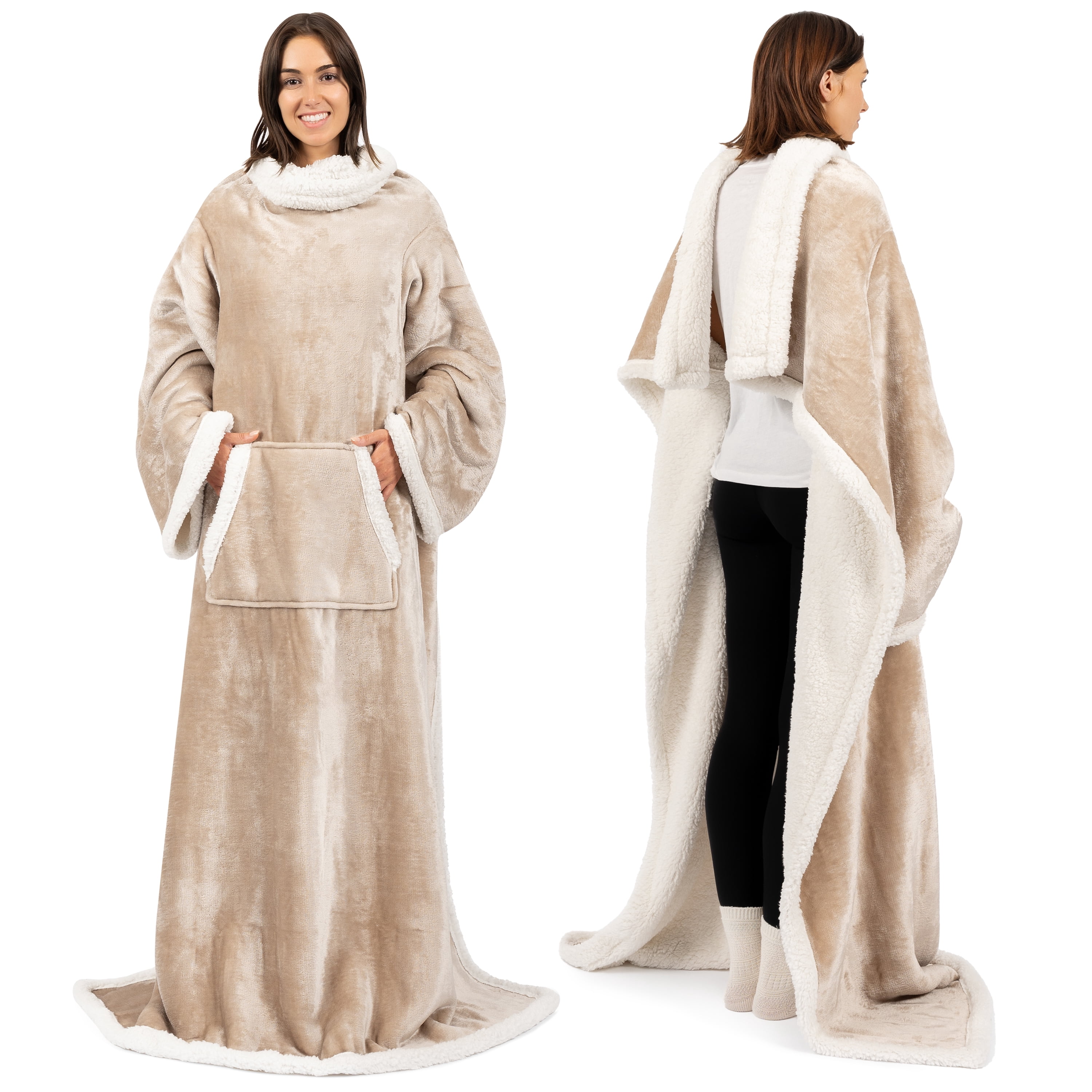 PAVILIA Sherpa Wearable Blanket with Sleeves and Pocket, Plush Thick ...