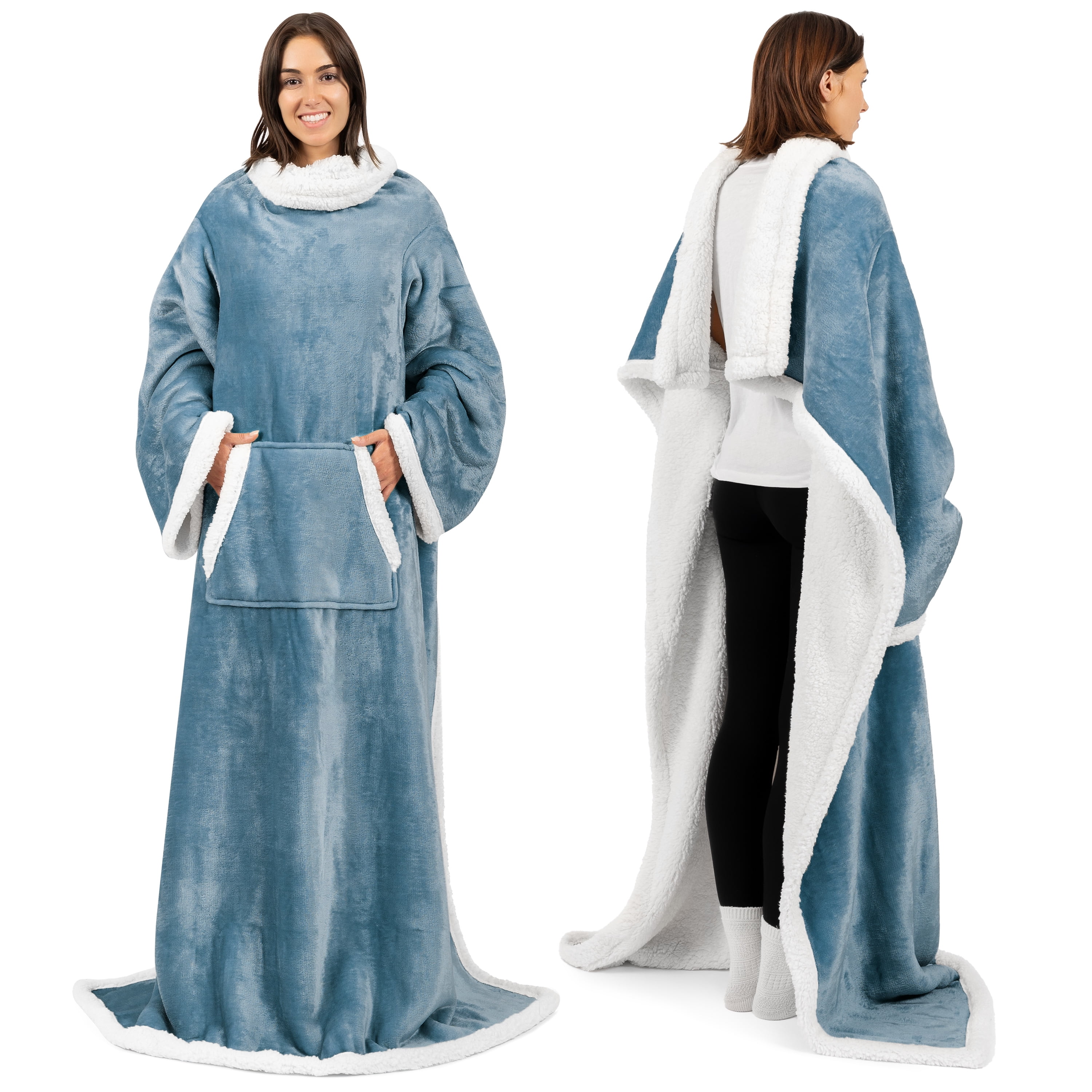 PAVILIA Sherpa Wearable Blanket with Sleeves and Pocket, Plush Thick ...