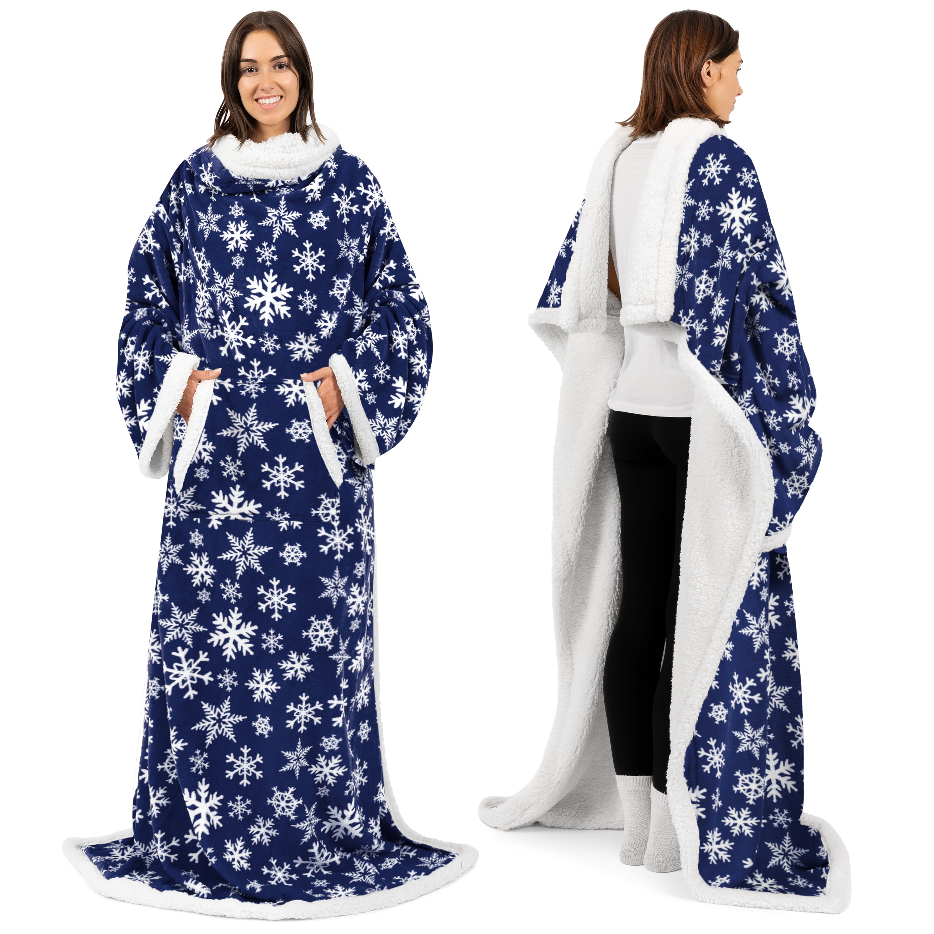 PAVILIA Oversized Plush Flannel Wearable Wrap Blanket with Sleeves ...