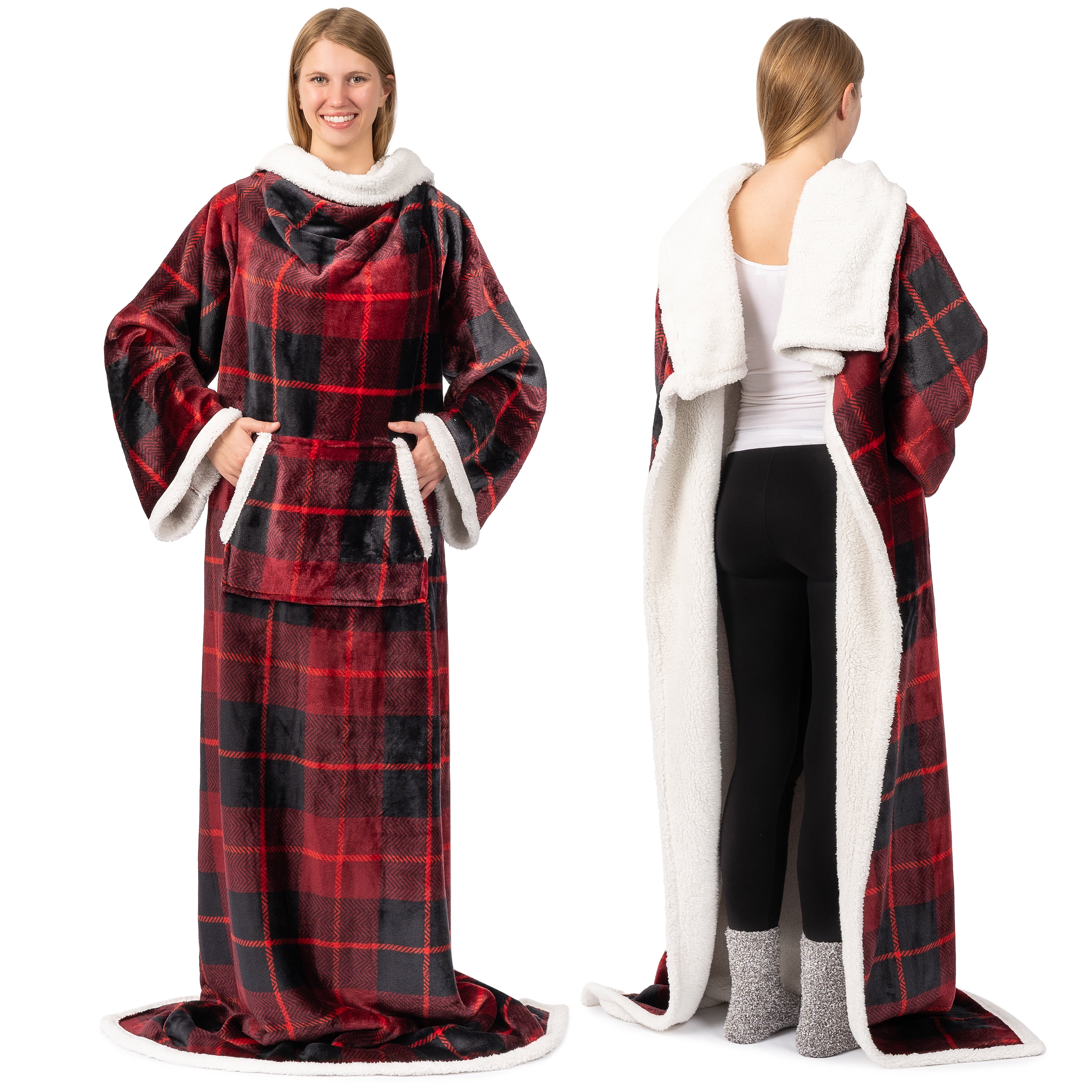 PAVILIA Sherpa Wearable Blanket with Sleeves and Pocket, Plush Thick ...