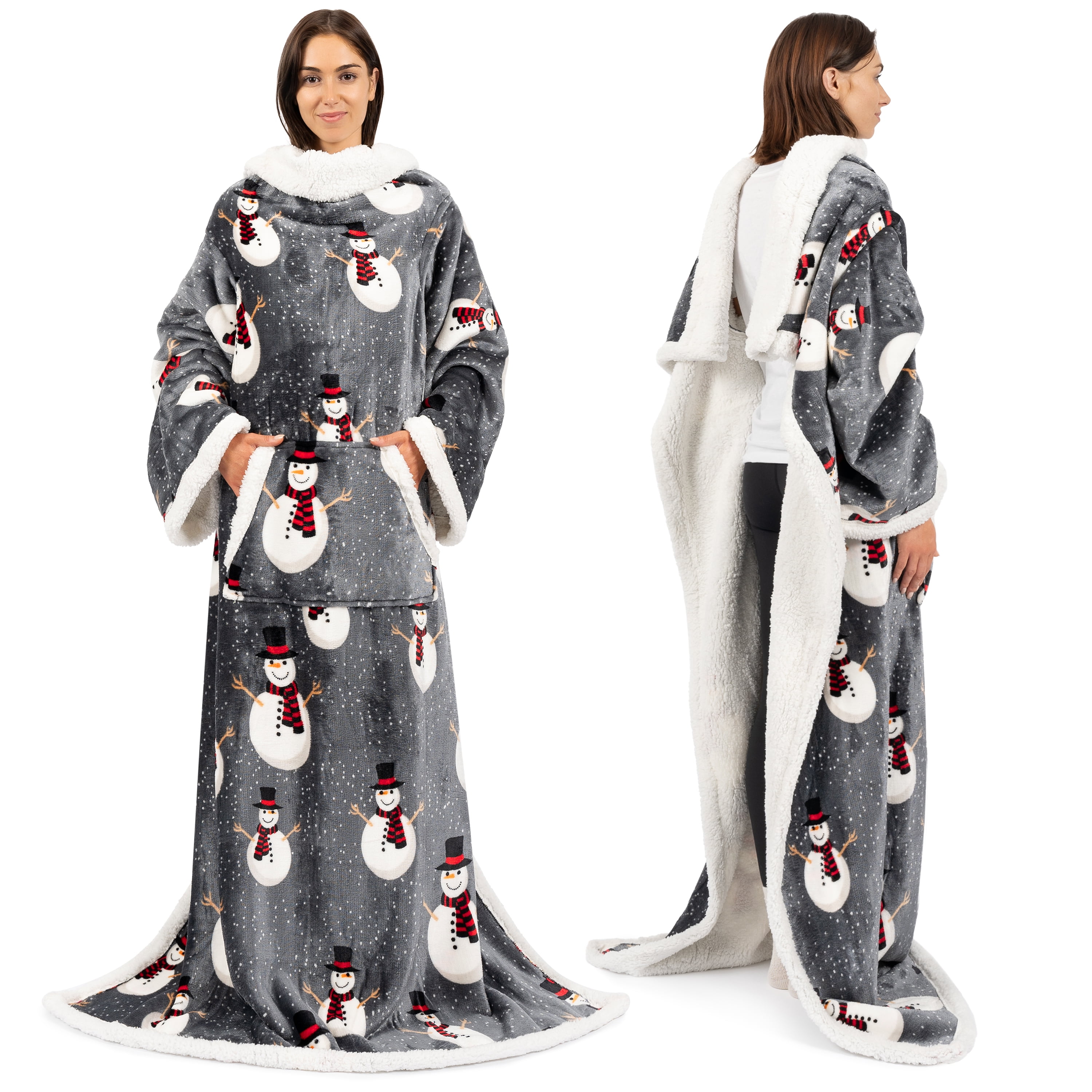 PAVILIA Oversized Plush Flannel Sherpa Wearable Blanket with Sleeves ...