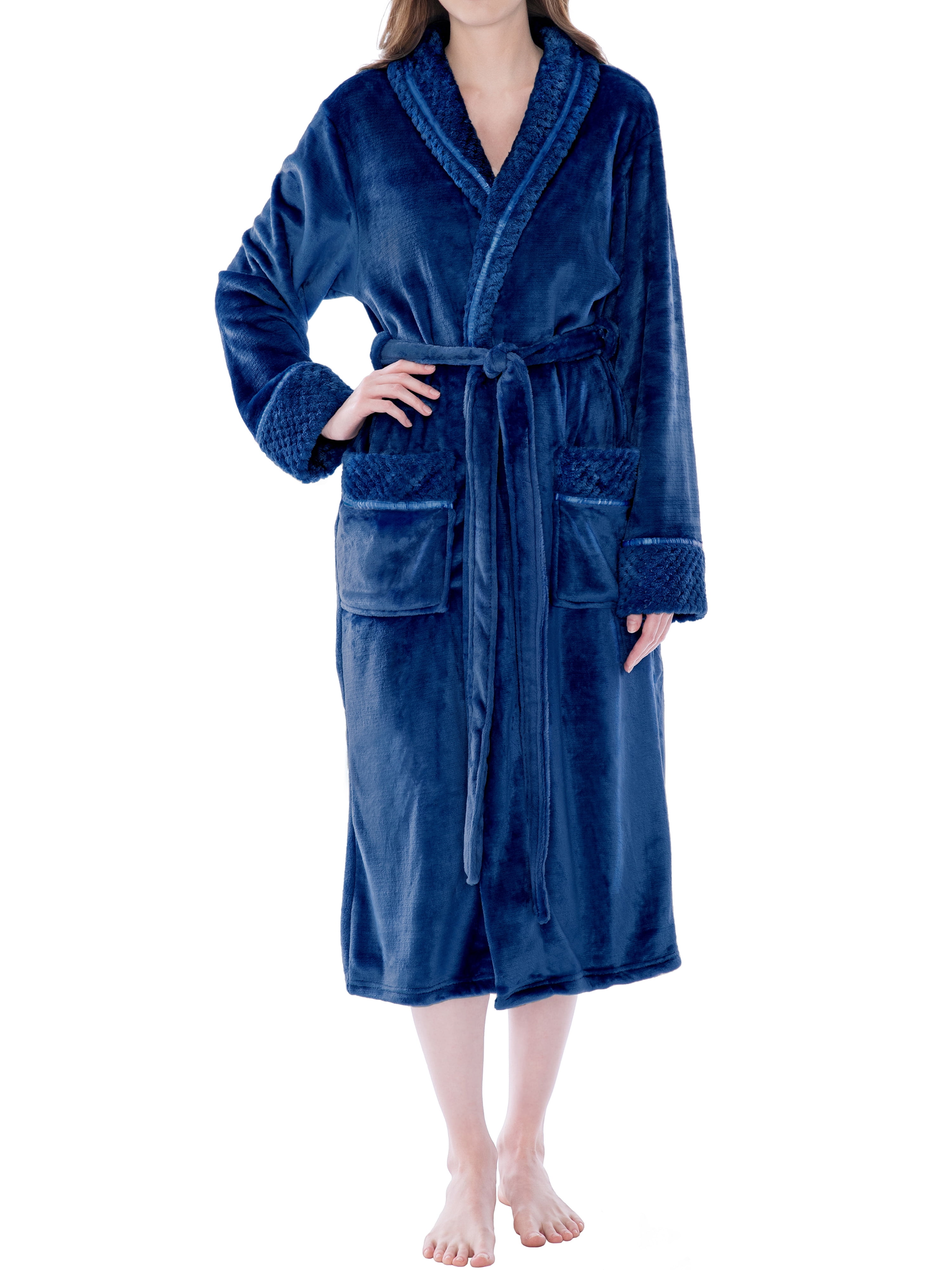 PAVILIA Soft Plush Women Fleece Robe, Blue Cozy Bathrobe, Female Long ...