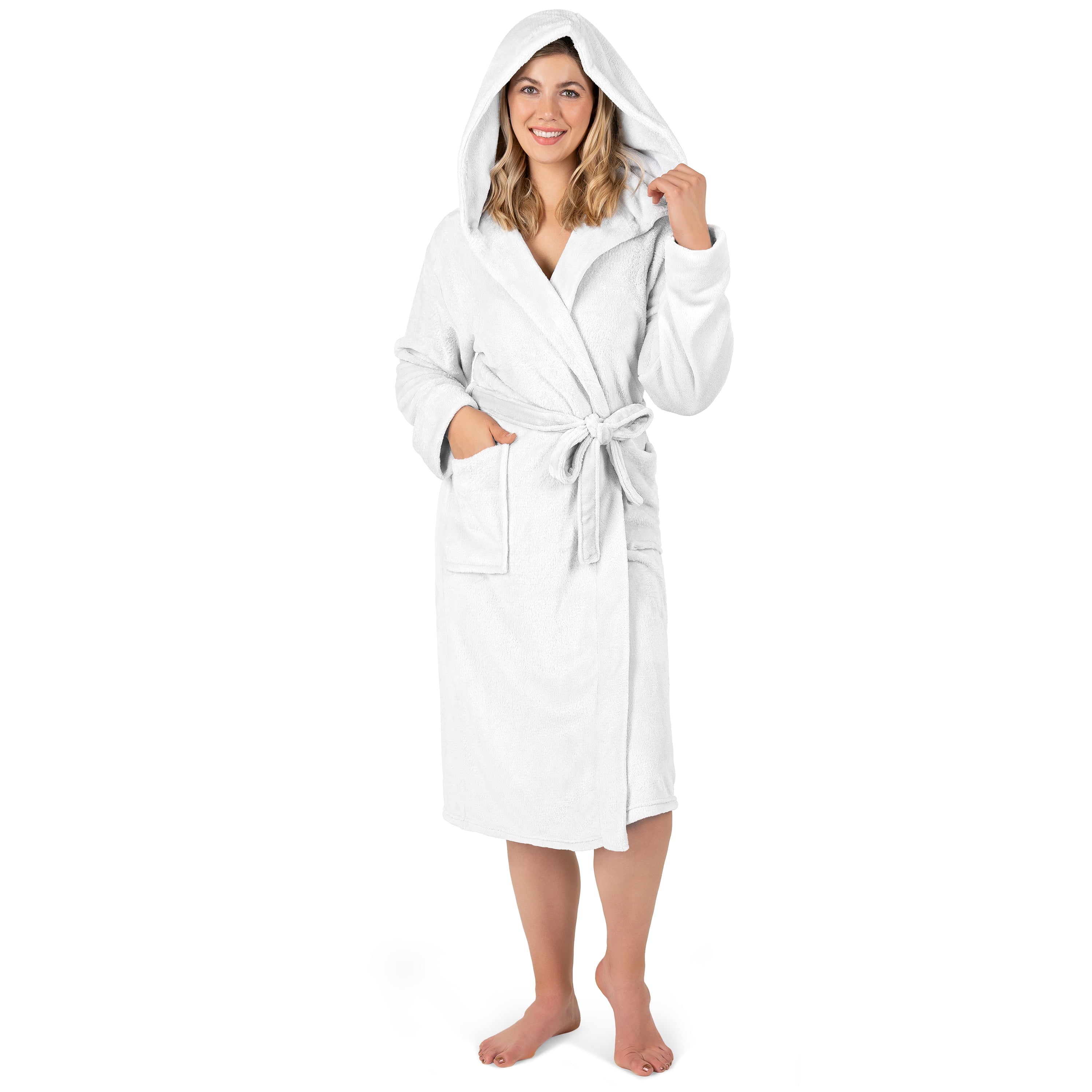 PAVILIA White Women Robe with Hood, Fleece Lightweight Soft Long Hooded ...