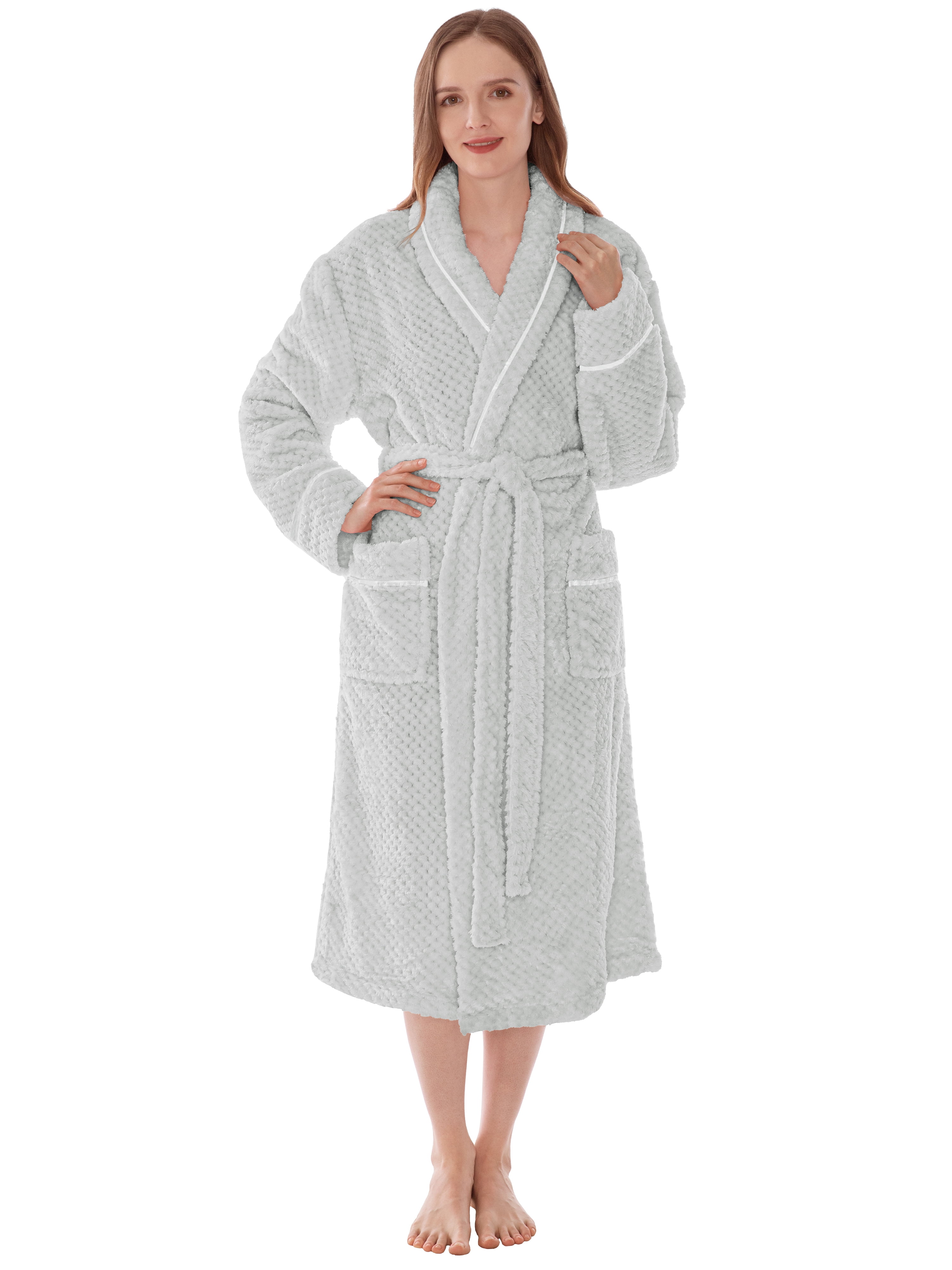 PAVILIA Women Plush Fleece Robe, Light Grey Soft Textured Bathrobe ...