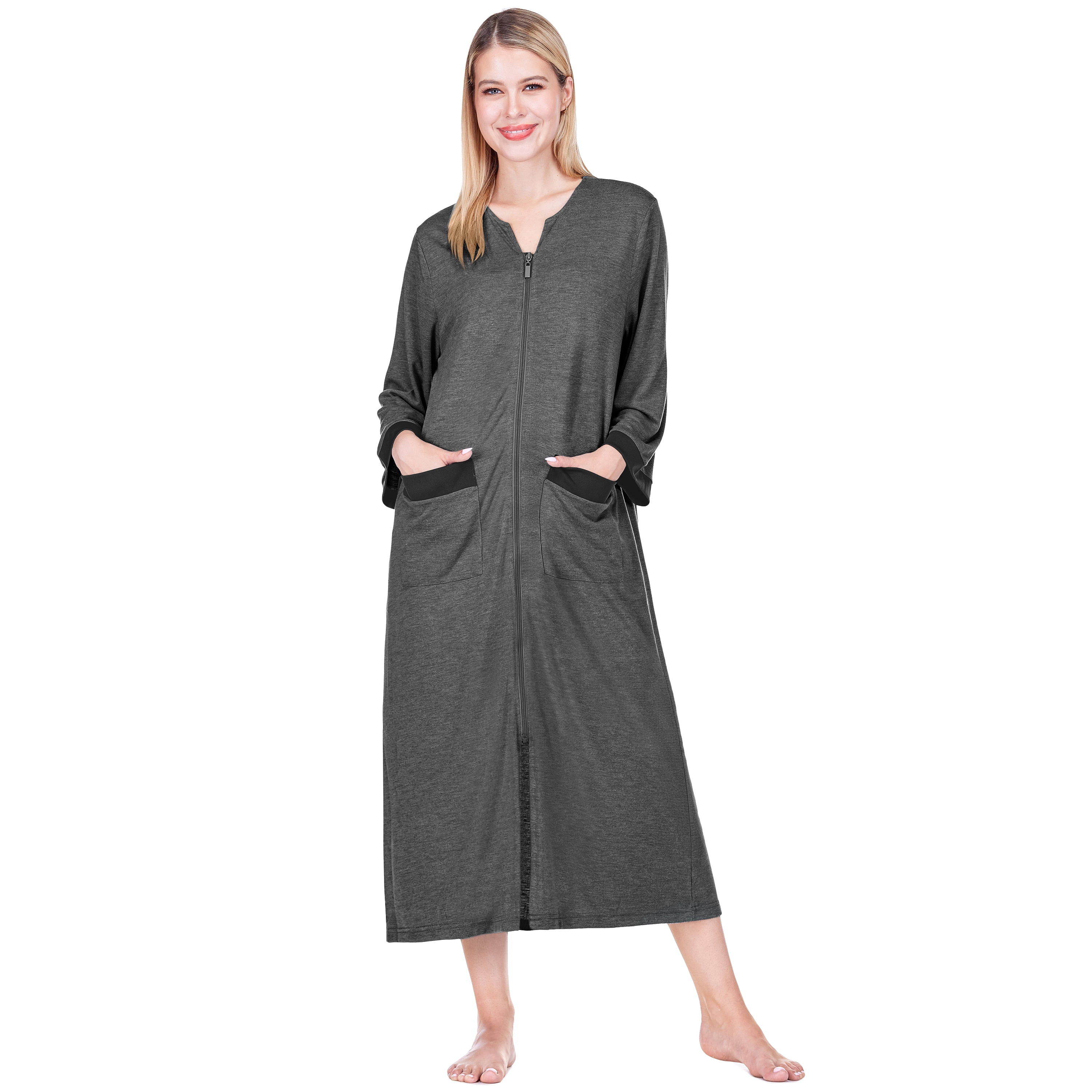PAVILIA Premium Womens Robe Housecoat, 3/4 Sleeves Zip Up Nightgown For ...