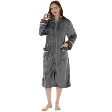 ZFSOCK Long Robes for Women Zip up Bathrobes Ladies Soft Cotton Robe with Pockets Half Sleeve ...