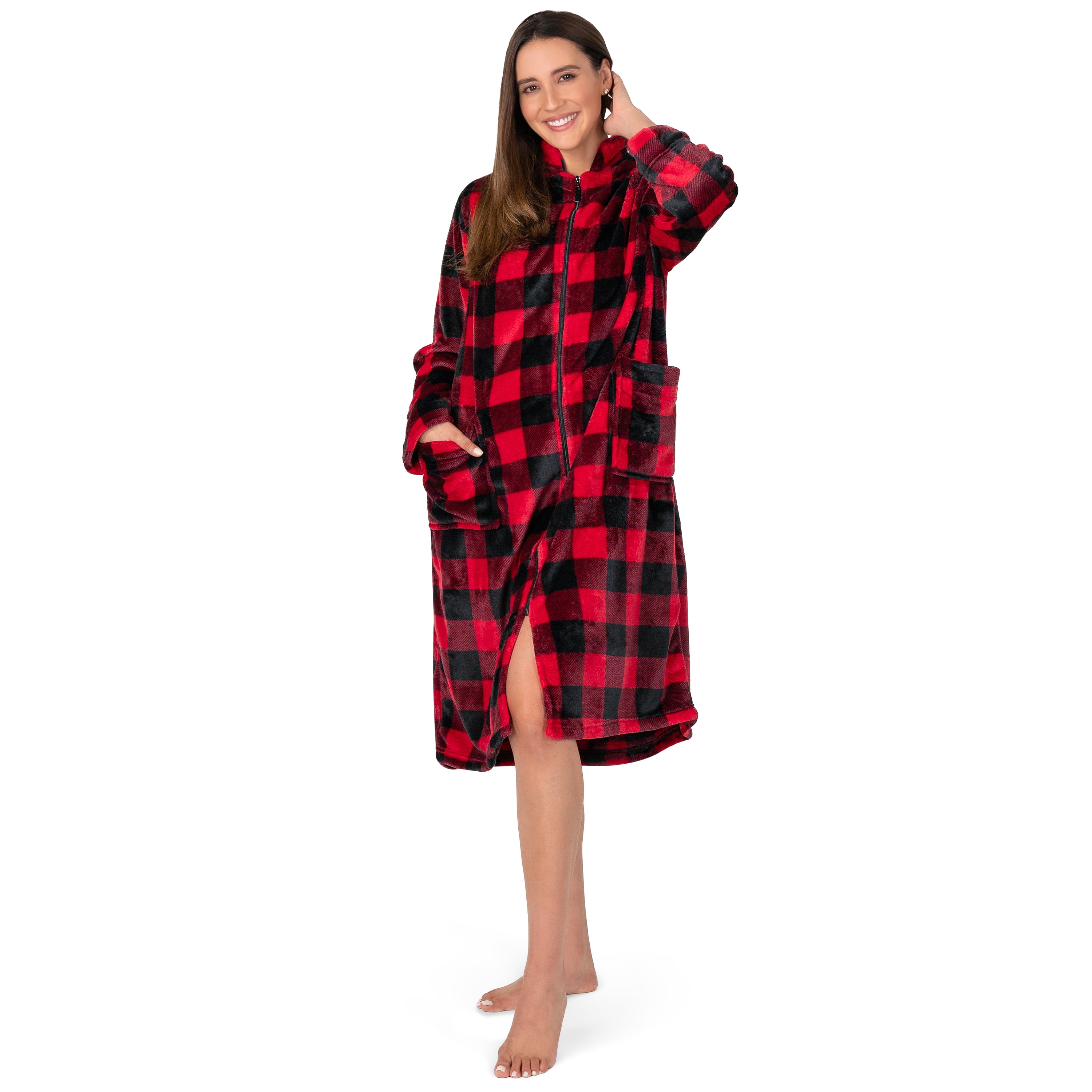PAVILIA Womens Housecoat Zip Robe, Fleece Zip Up Front Plaid Robe ...