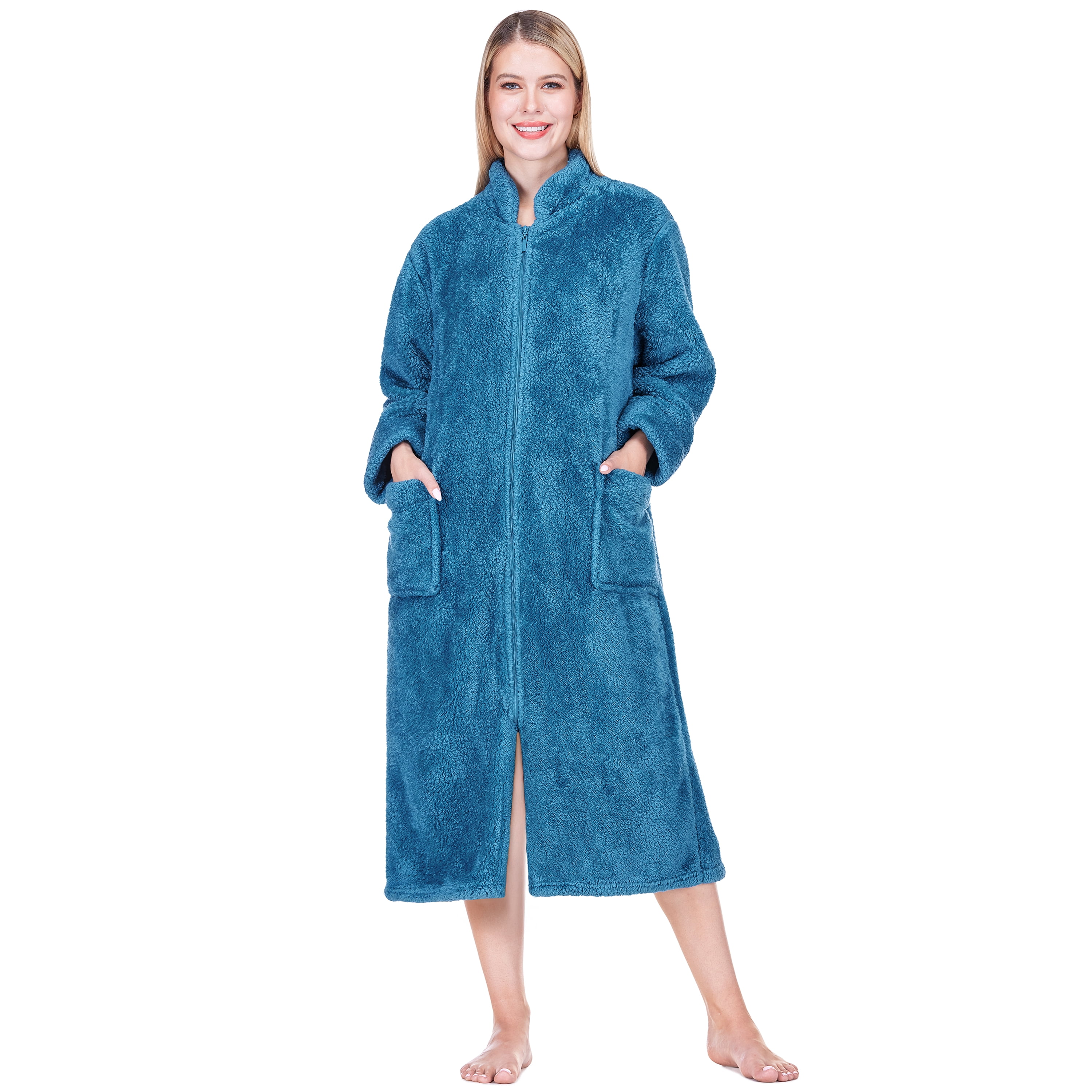 PAVILIA Womens Housecoat Zip Robe, Sherpa Fleece, Long Sleeve, Pockets ...