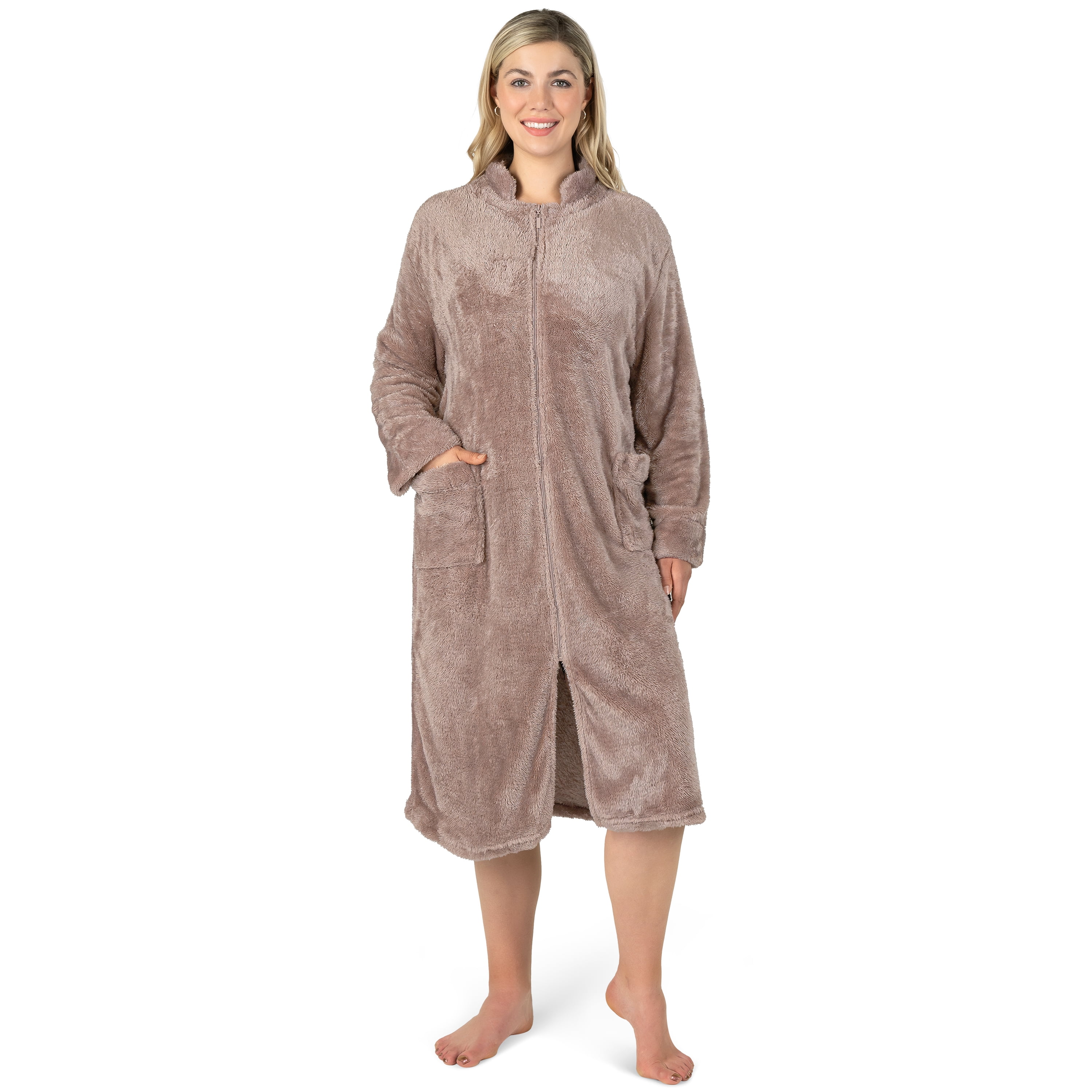 PAVILIA Full Length Sherpa Zip Up Robe for Women, Warm Fleece Housecoat ...