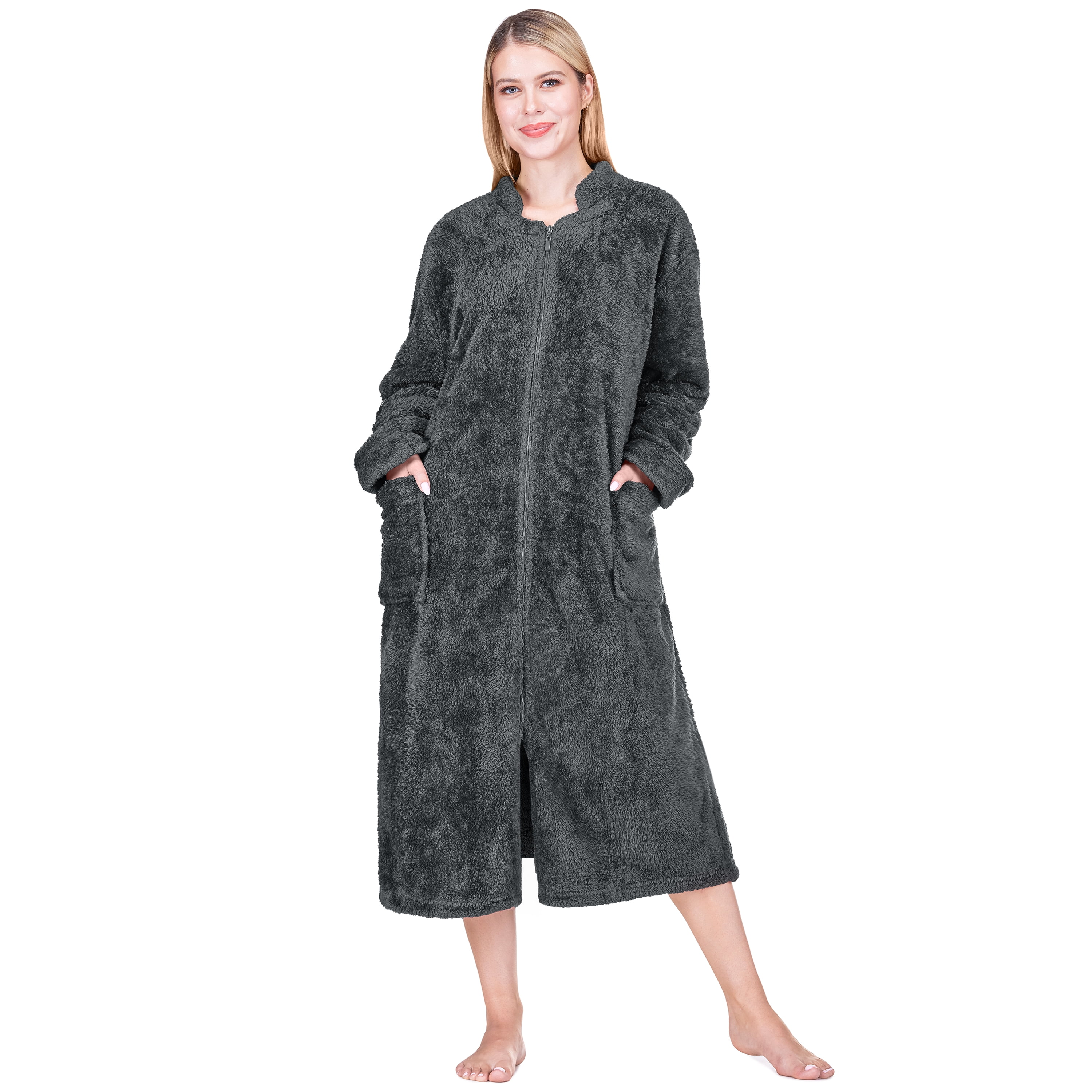 PAVILIA Lightweight Warm Sherpa Fleece Zip Up Women's Housecoat with ...