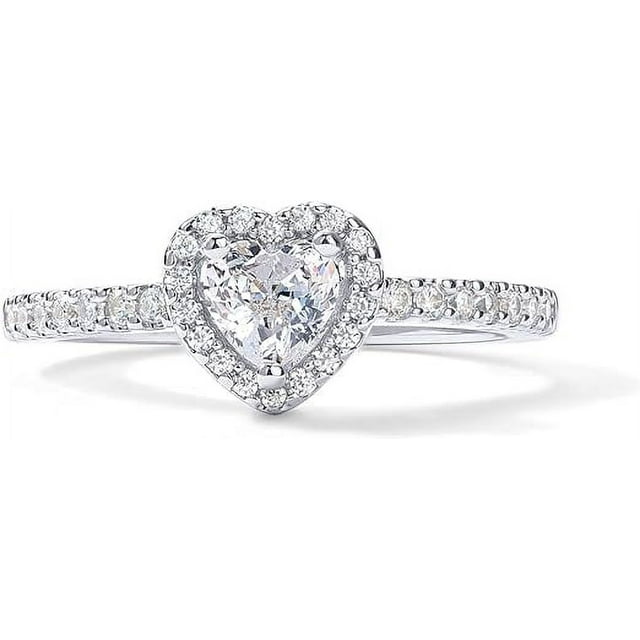 PAVOI 14K Gold Plated Heart Halo Ring for Women | Promise Rings for Her (White Gold, 5 ...