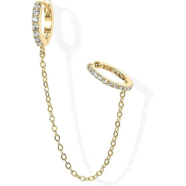 PAVOI 14K Yellow Gold Dangle Chain Huggie Hoop Earrings with Cubic Zirconia and Ear Cuff for ...