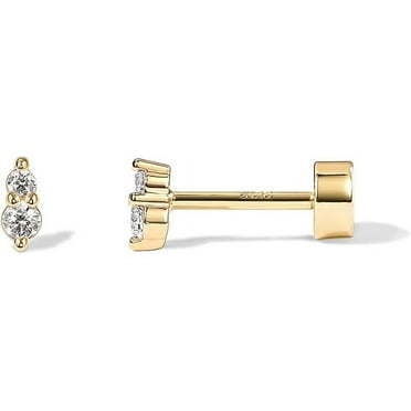 14K Gold Plated Solid 925 Sterling Silver Post Cubic Zirconia Stud Flat ...