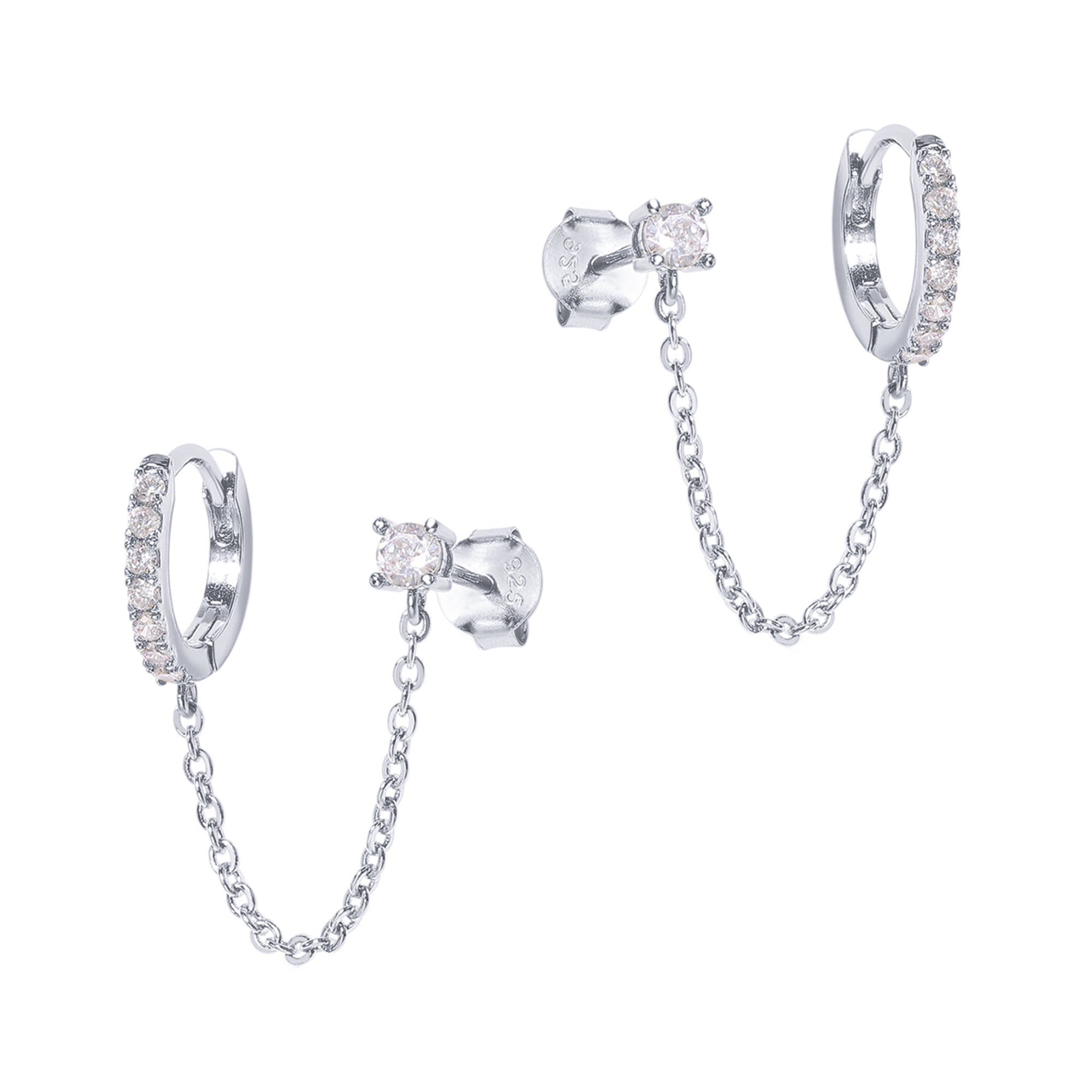 Pavoi Rhodium Plated Double Piercing Chain Huggie Hoop Earrings, Cubic ...