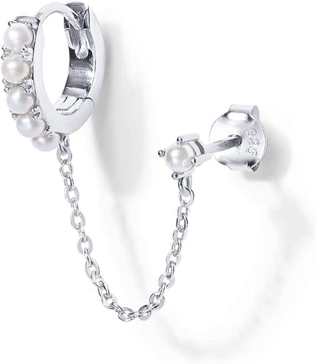 PAVOI Rhodium Plated Chain Earrings for Women | Double Piercing Dangle Chain Huggie Hoop ...