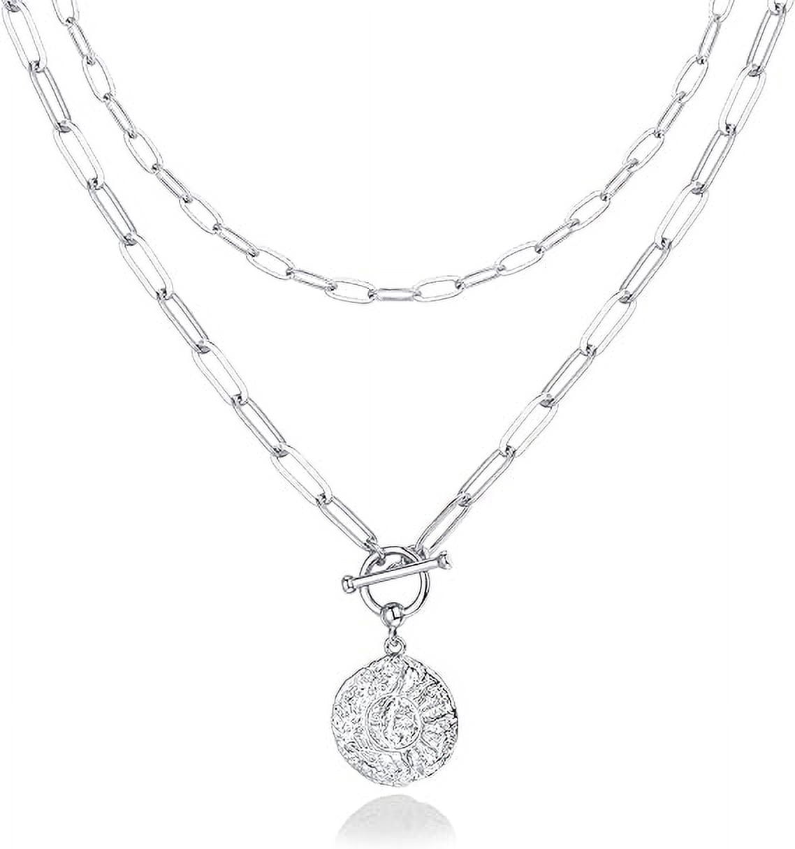 Pavoi Layered Sun and Lock Pendant Necklace, White Rhodium Plated ...