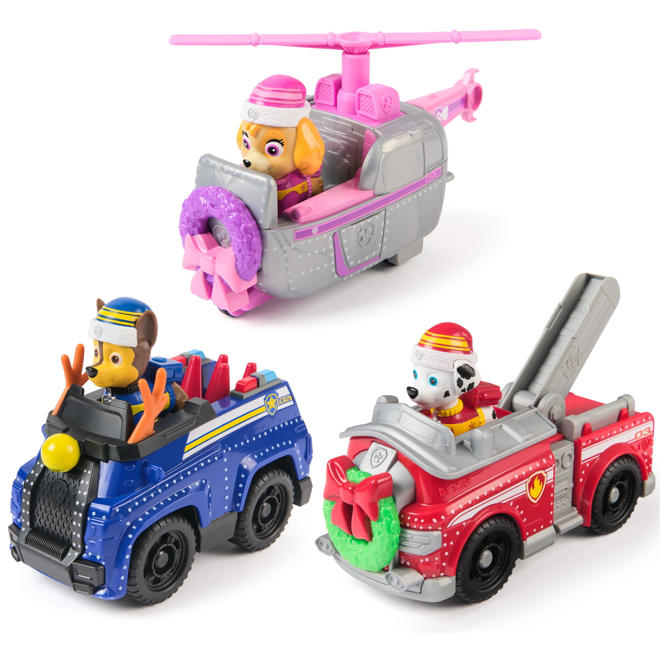 PAW Patrol Holiday Vehicle Bundle - Chase, Marshall, Skye & 3 Holiday ...