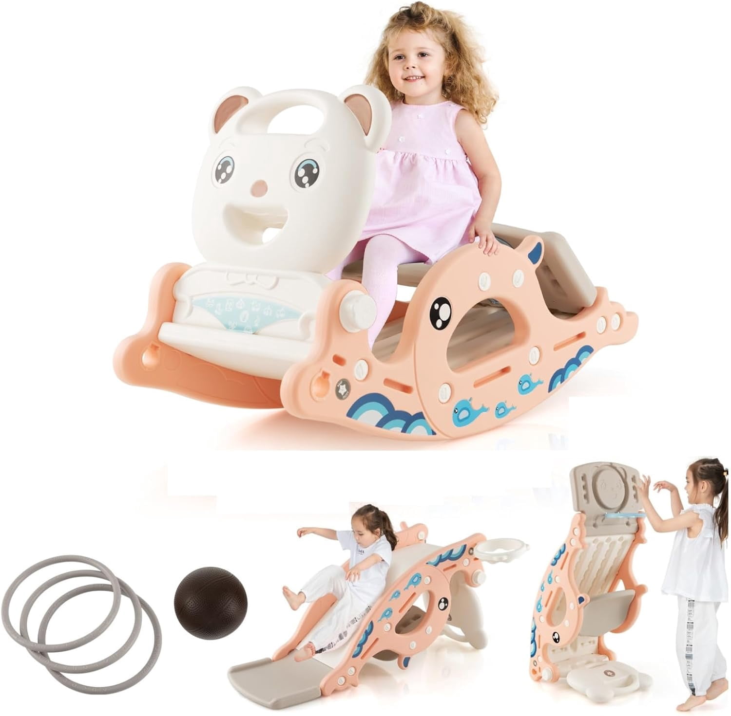PAWTY 4 in 1 Toddler Slide Rocking Toy, Slide for Kids with Basketball ...
