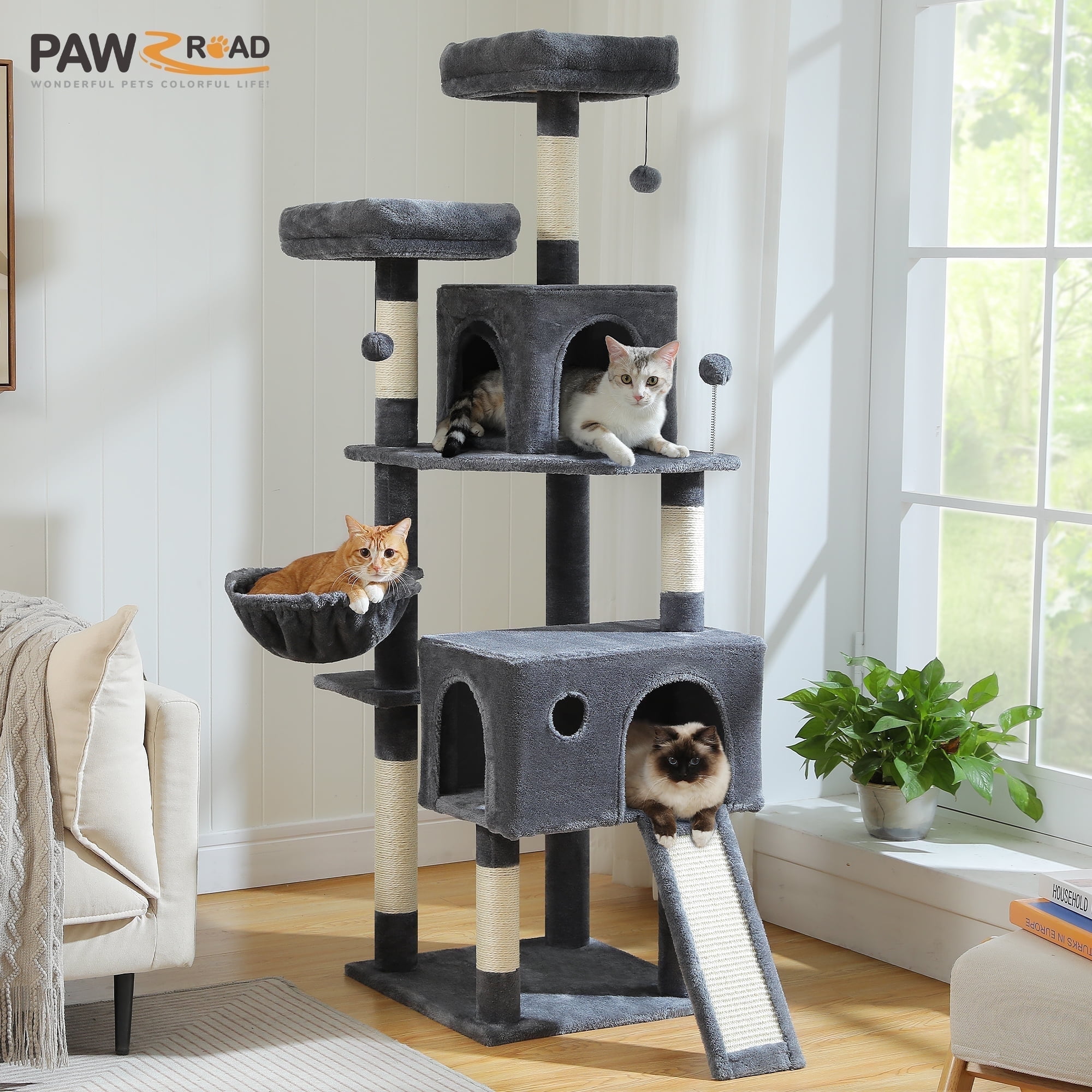 PAWZ Road 64" Cat Tree Large Cat Tower Condo Multi-Level Cat Scratching ...