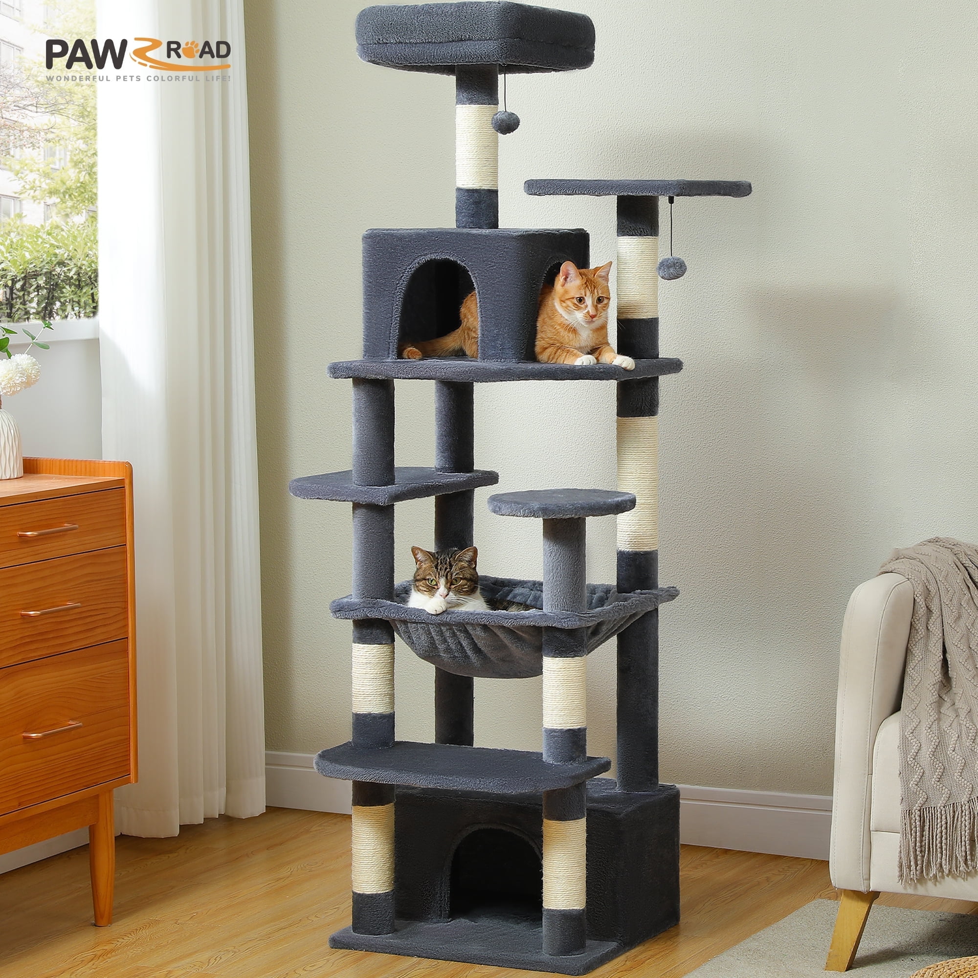 "PAWZ Road Cat Tree Condo, 64"" Climbing Tower with Sisal Scratching ...