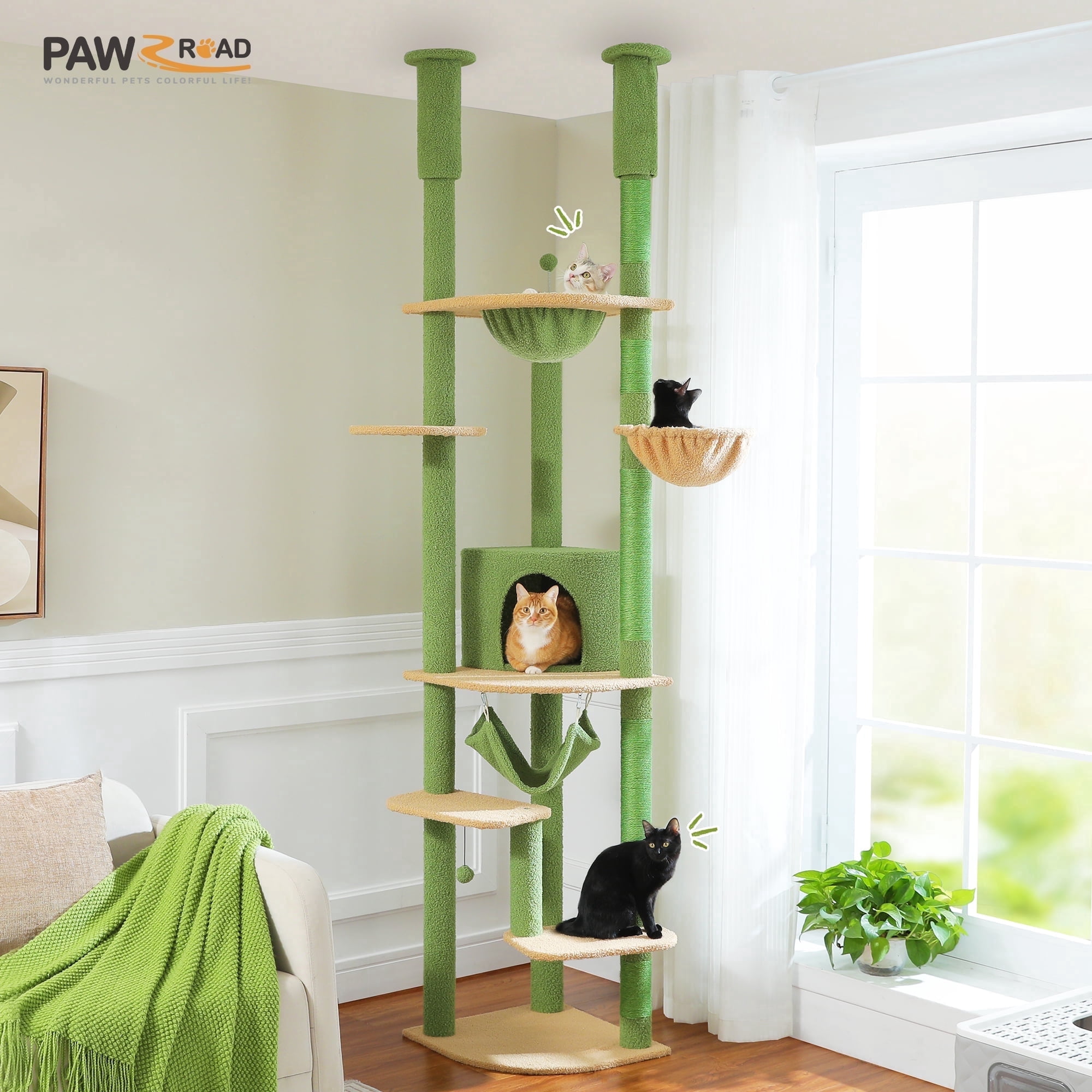 PAWZ Road Floor to Ceiling Cat Tree 92"-102" Adjustable Cat Tree Multi ...