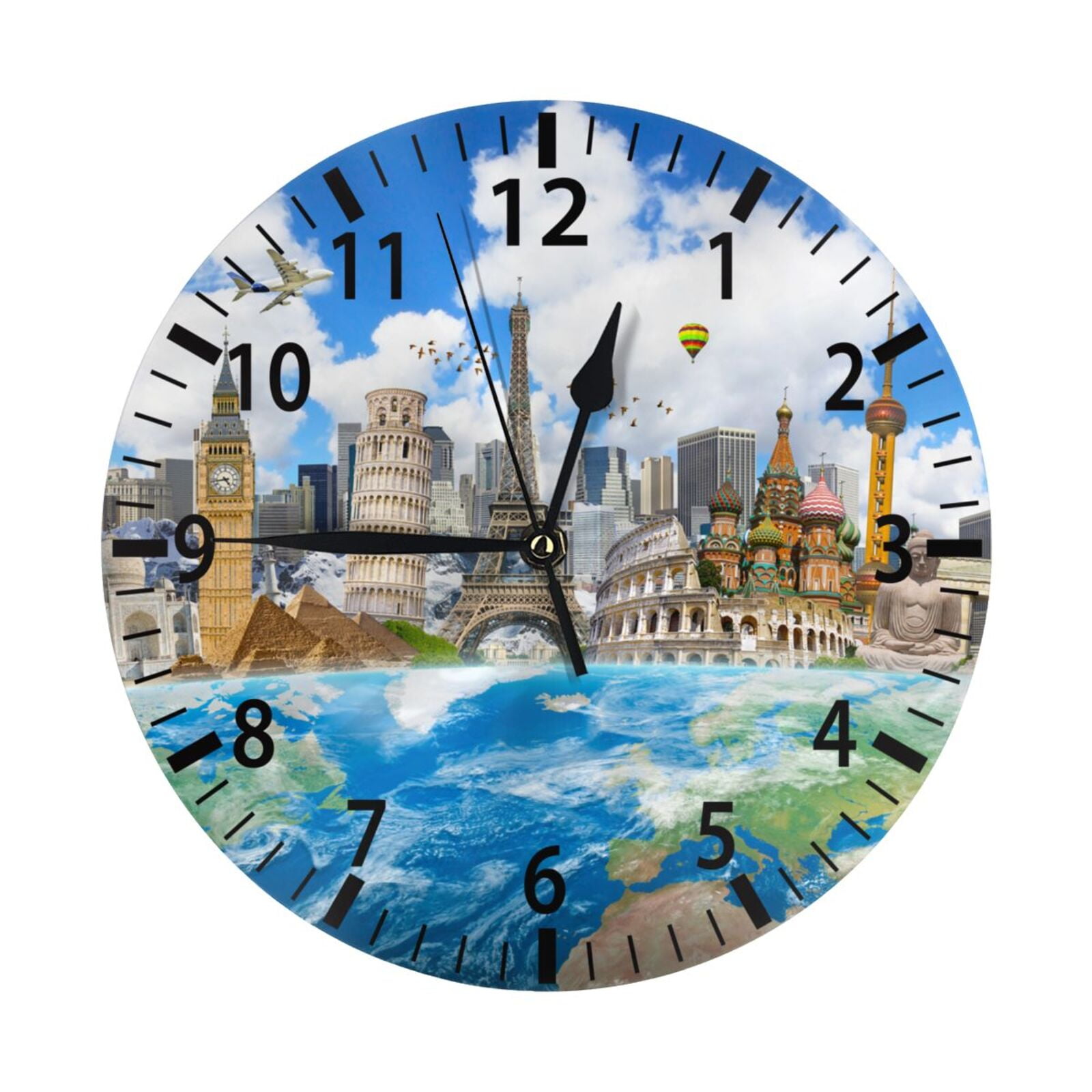 PAYOHTO 10''Wall Clock Famous Landmarks of the World, Frameless Battery ...