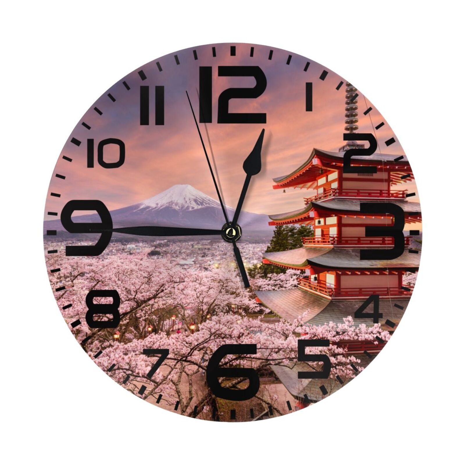 PAYOHTO 10''Wall Clock Mount Fuji Cherry Blossom, Frameless Battery ...