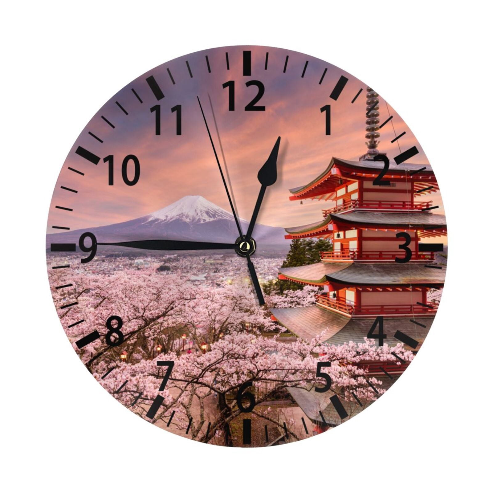 PAYOHTO 10''Wall Clock Mount Fuji Cherry Blossom, Frameless Battery ...