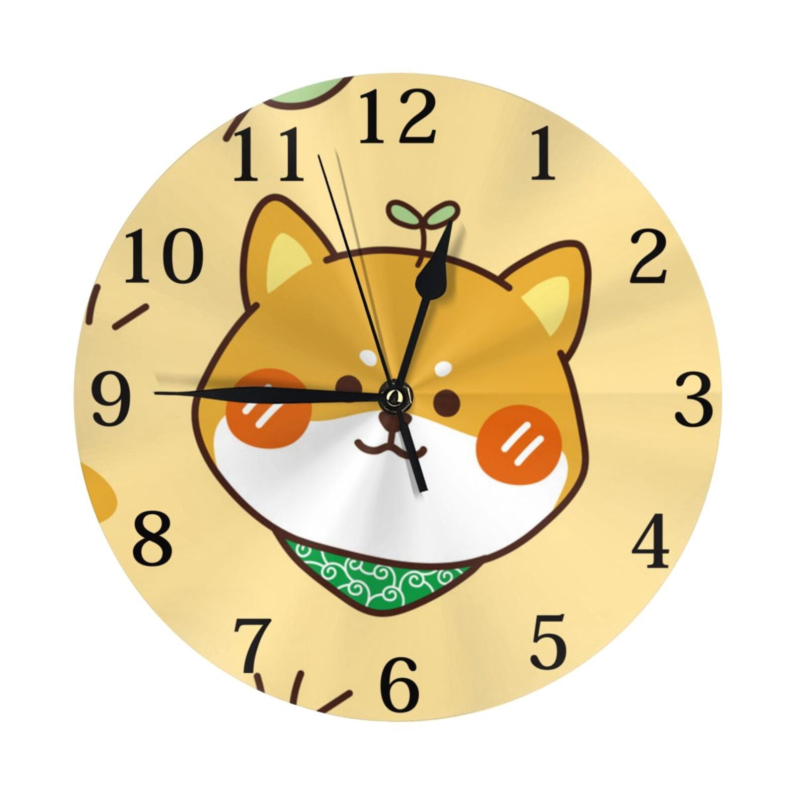 PAYOHTO 10''Wall Clock Shiba Inu Dog Have Leaf on Head, Frameless ...