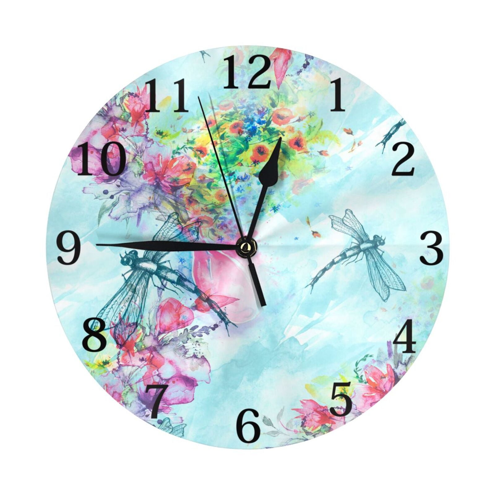 PAYOHTO 10''Wall Clock Watercolor Flowers Cyan-blue, Frameless Battery ...
