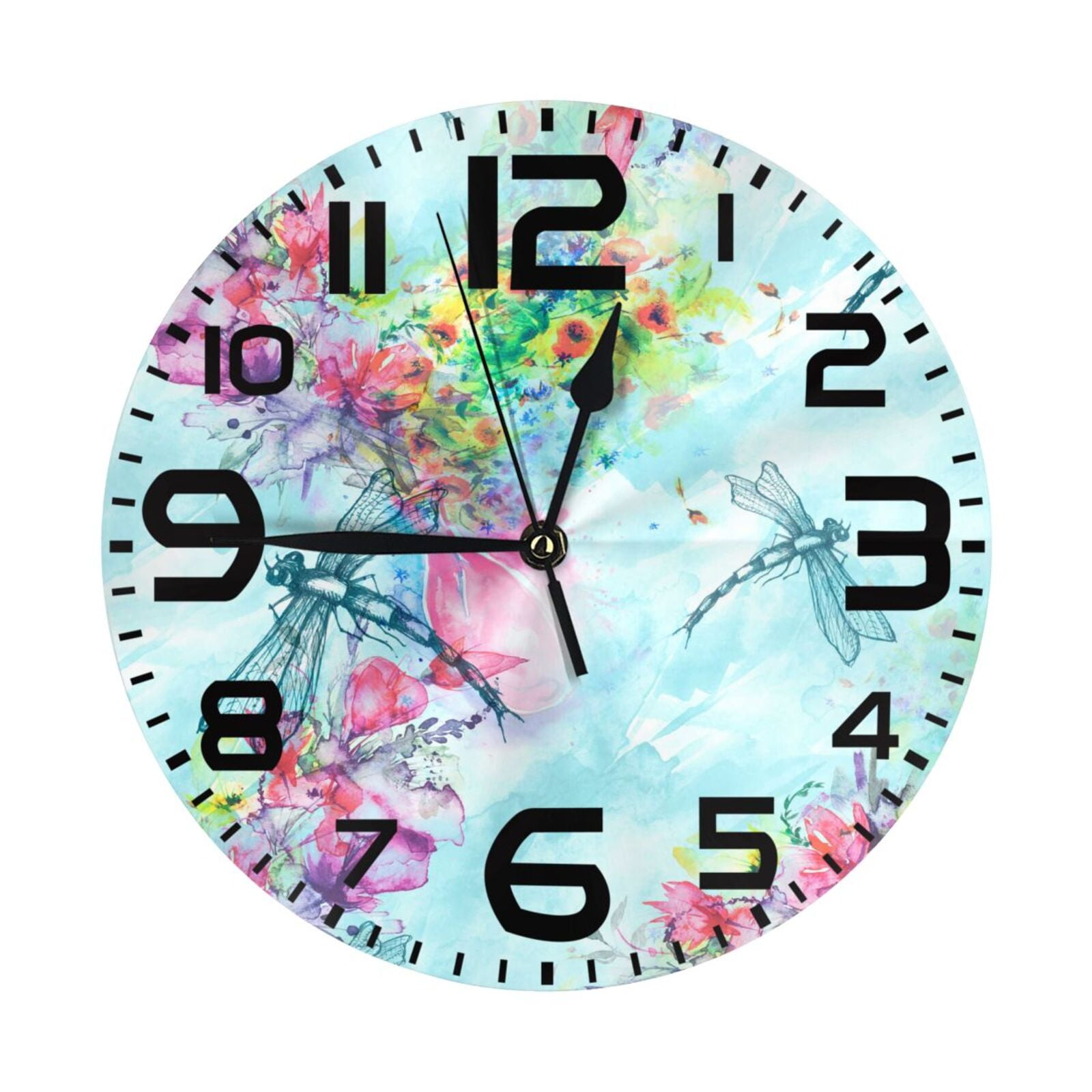 PAYOHTO 10''Wall Clock Watercolor Flowers Cyan-blue, Frameless Battery ...