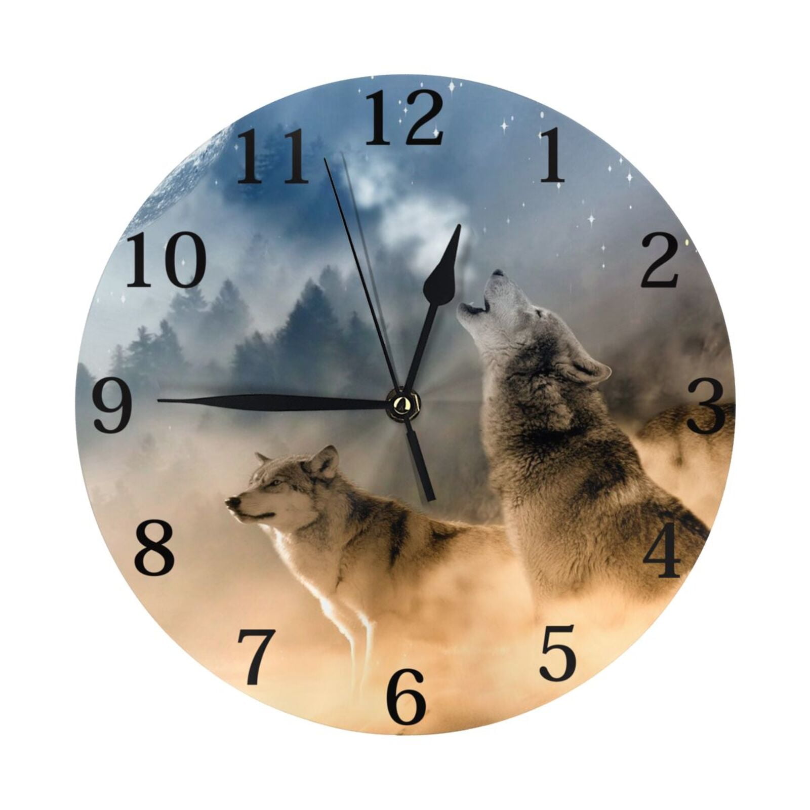 PAYOHTO 10''Wall Clock Wolf Howling Moon Stars Forest, Frameless Battery Operated Silent Non ...