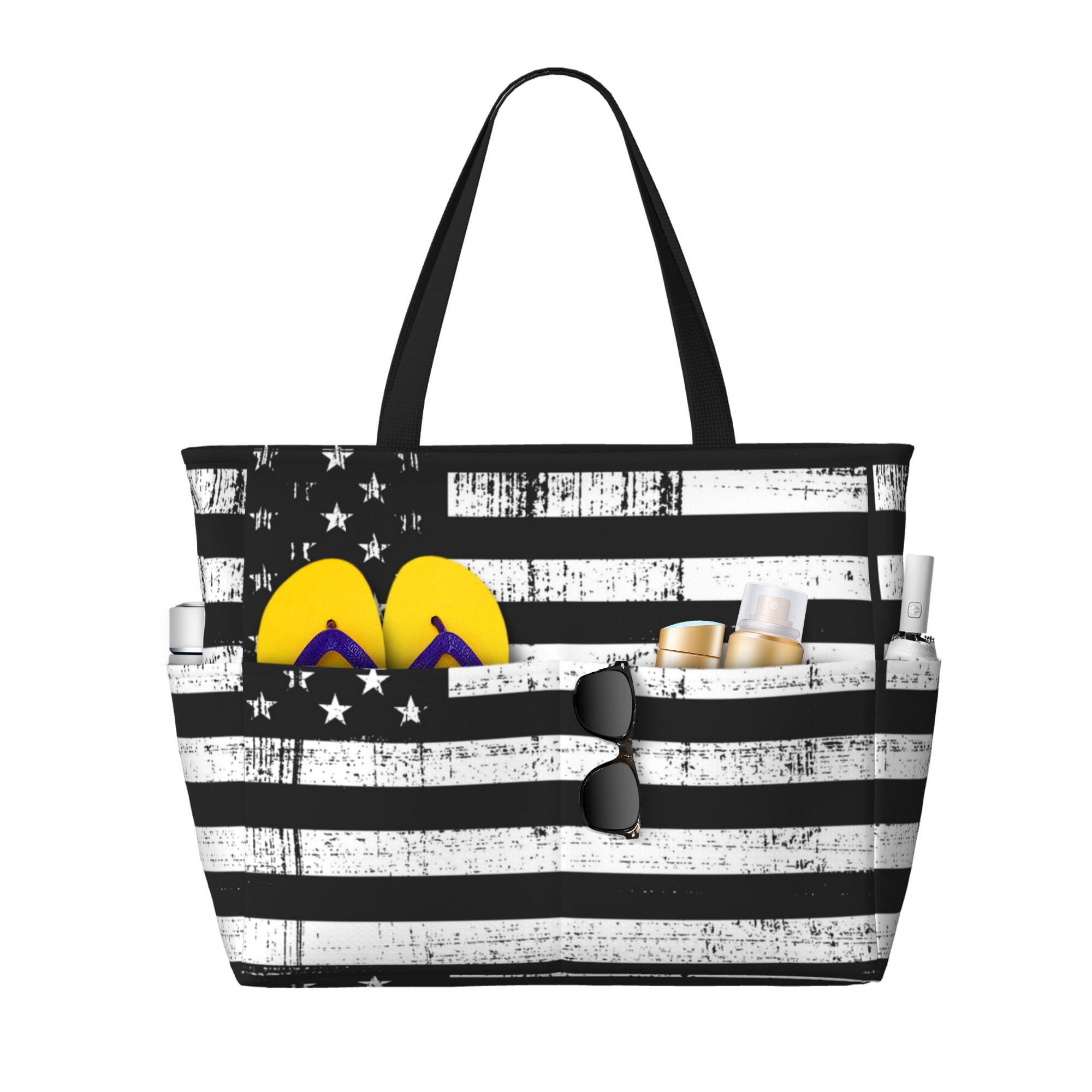 PAYOHTO Black White USA Flag Large Beach Tote Bags for Womens Mens ...
