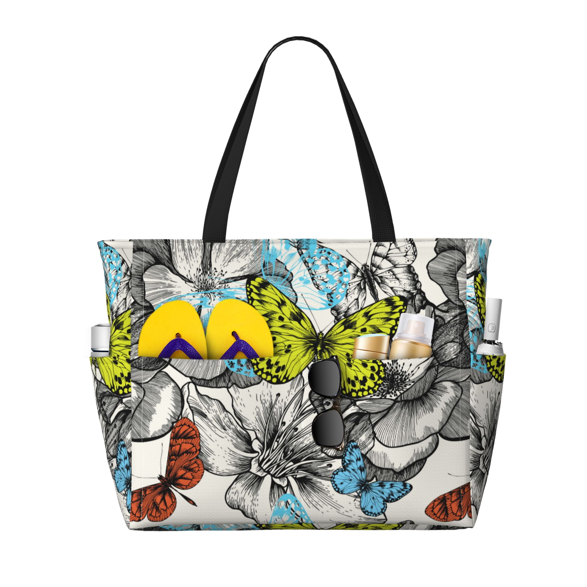 PAYOHTO Blooming Roses Flying Butterflies Large Beach Tote Bags for ...