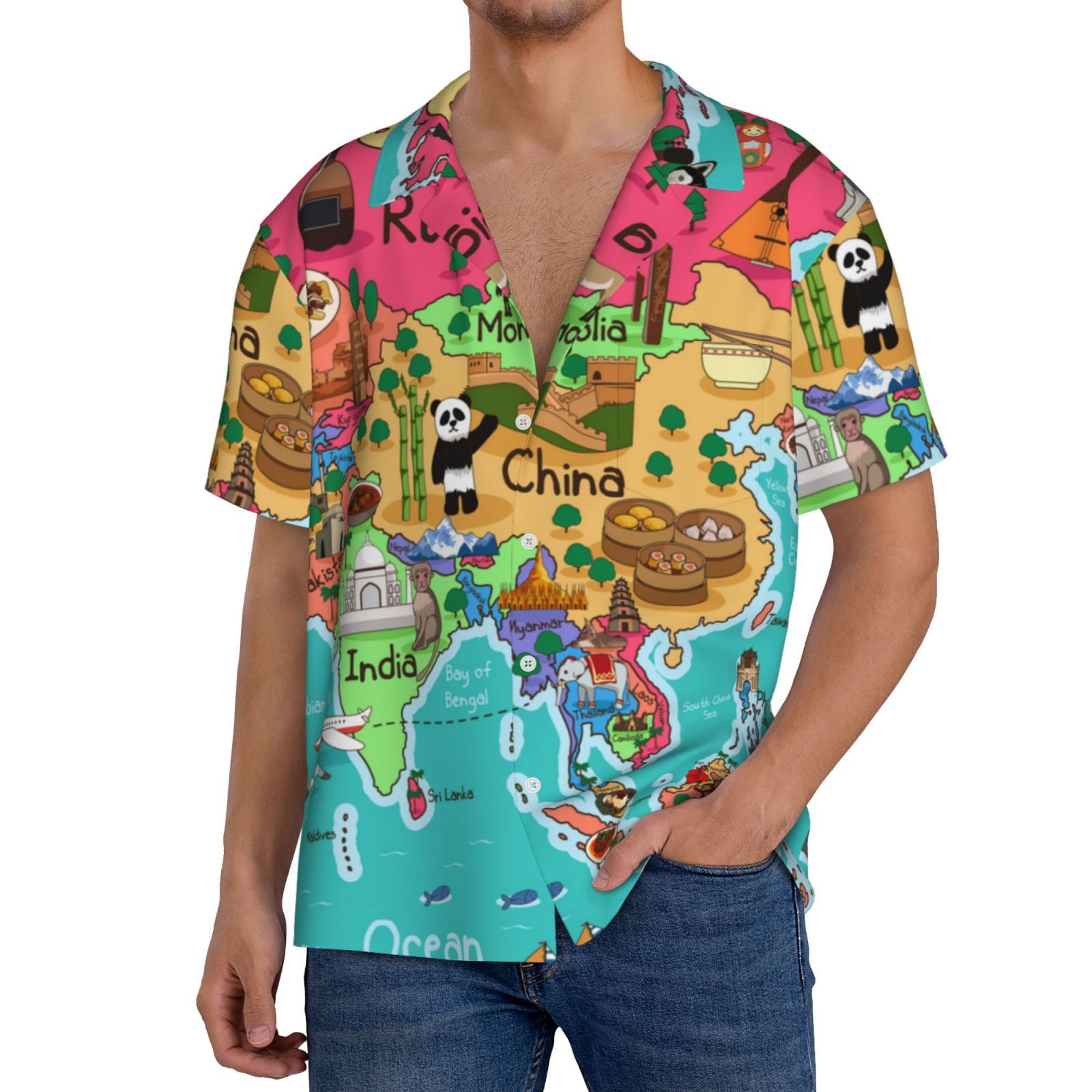 PAYOHTO Cartoon Map of Asia Mens Hawaiian Casual Short-sleeved Shirt ...